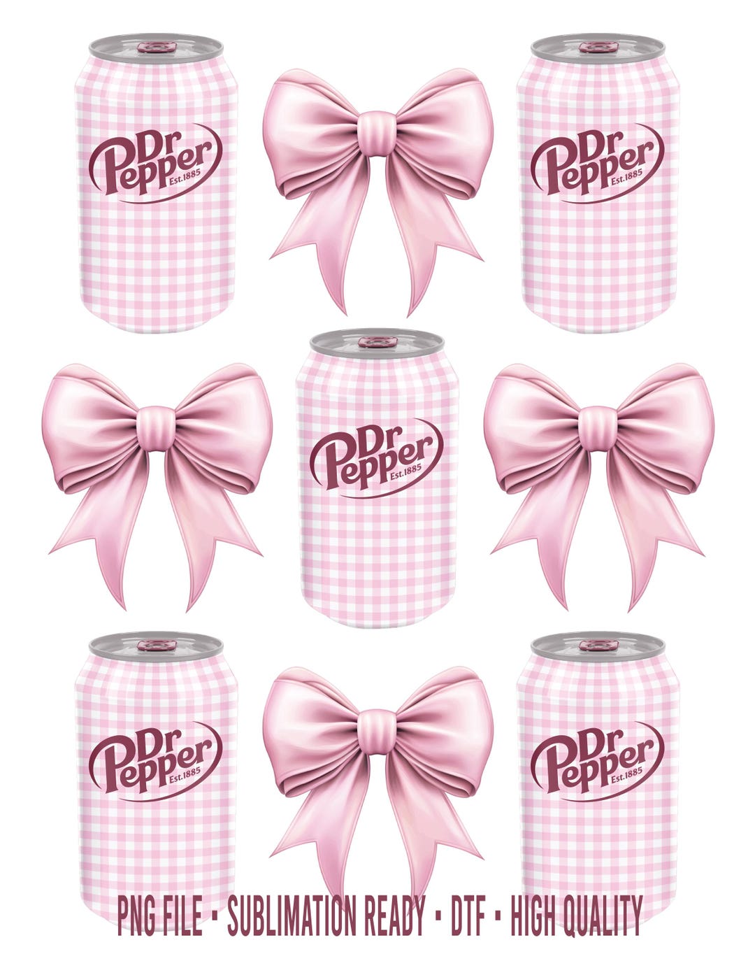 Pink Gingham Dr. Pepper & Bows PNG: T-shirt Transfer Design (digital ...