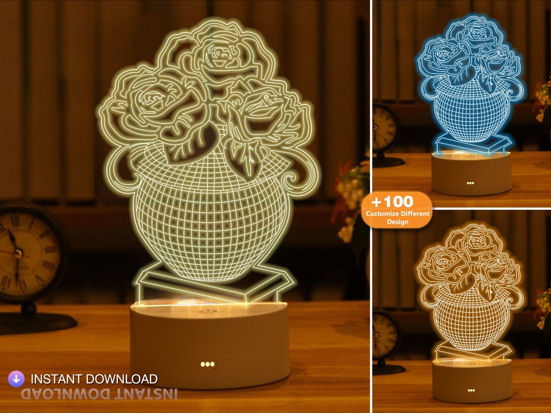 Flower 3D Illusion Acrylic LED Night Light Gift for Her, Laser Cut ...