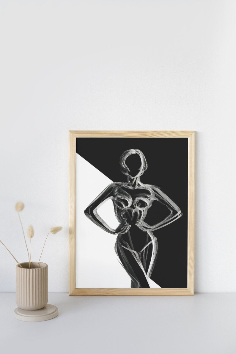 Woman Silhouette Digital Print, Black and White Sketch, Feminine Beauty ...