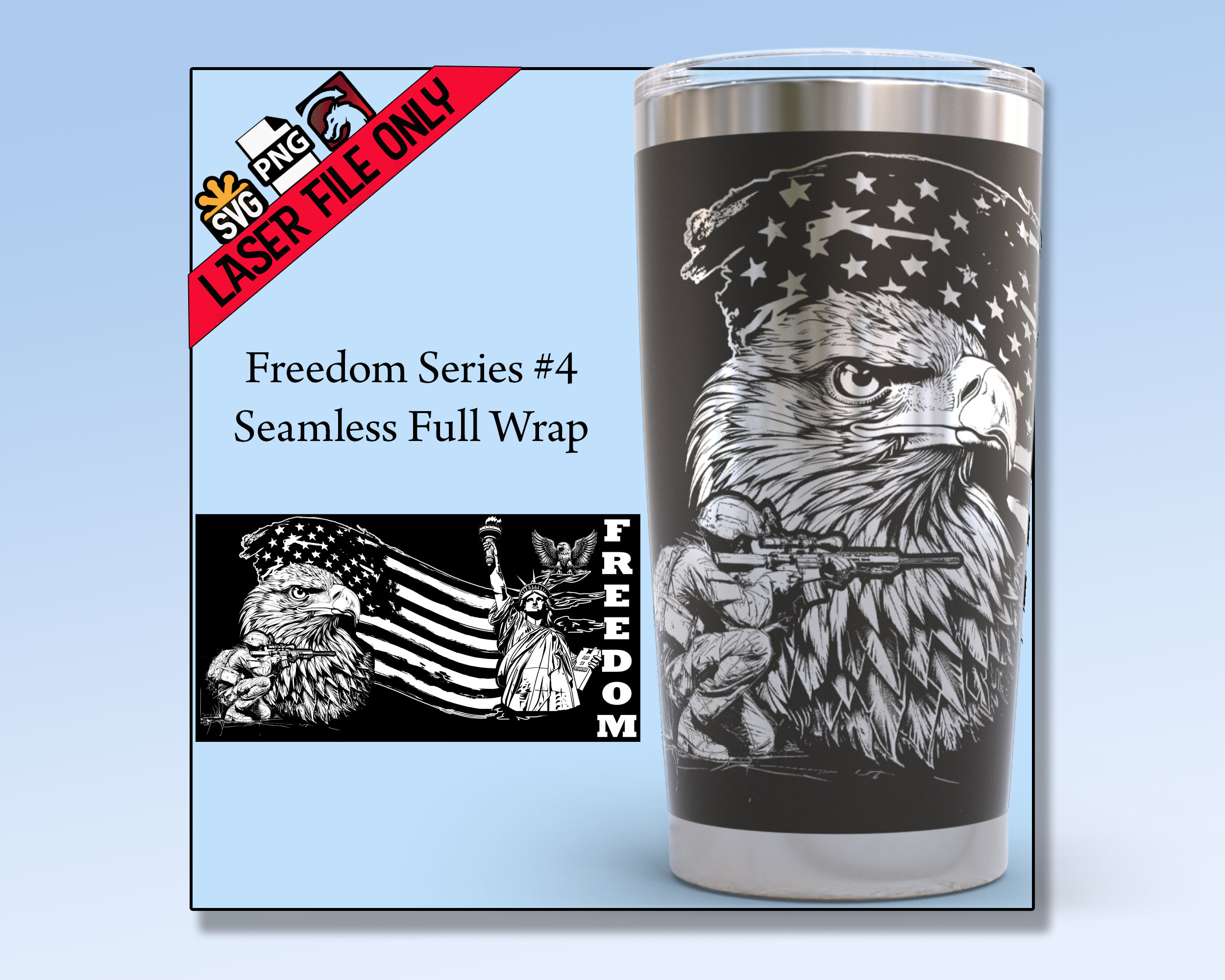 Tumbler Laser File, Freedom Eagle Series 20oz Seamless Full Wrap Laser ...