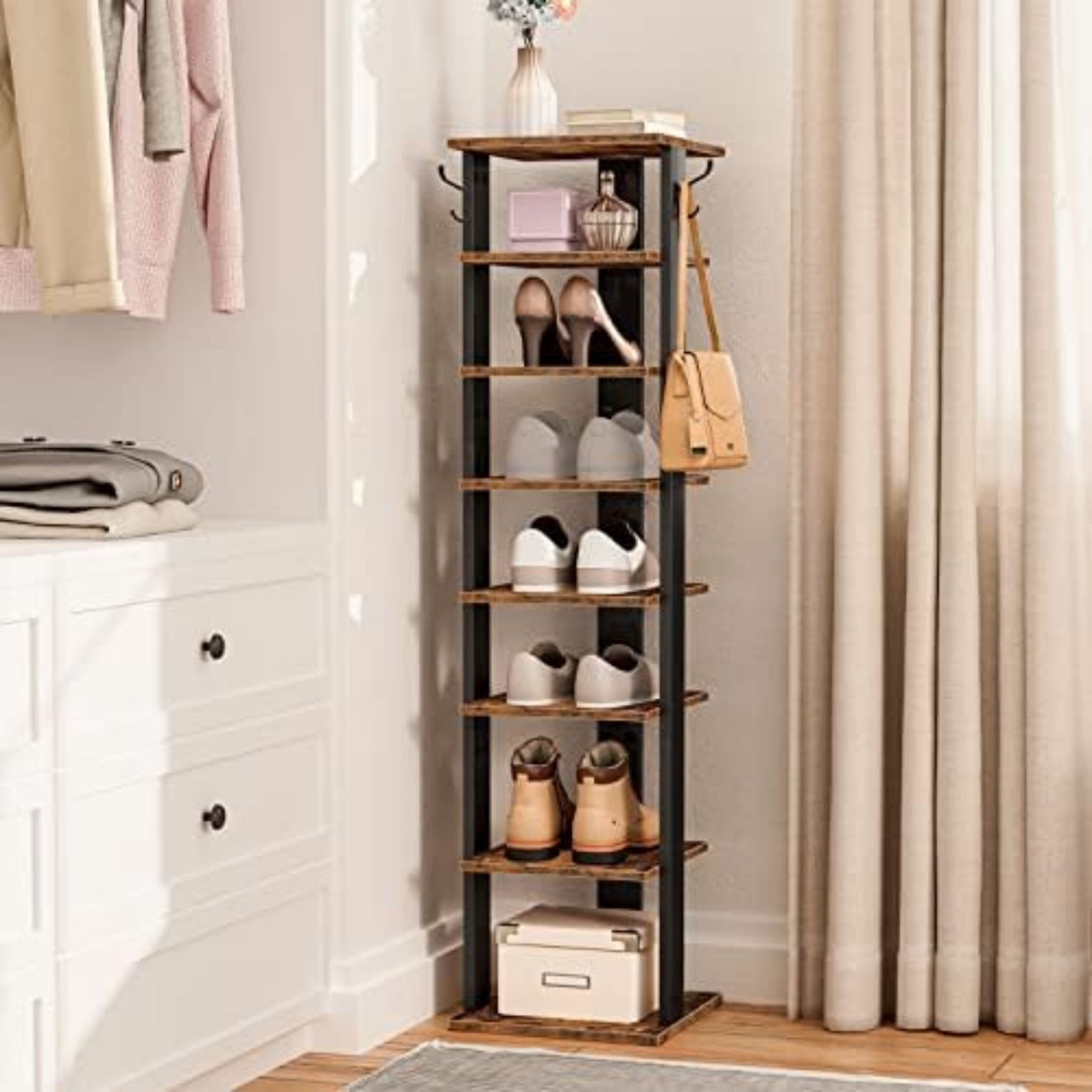 Vertical Shoe Rack, 8 Tier Shoe Storage Organizer With Hooks, Narrow ...