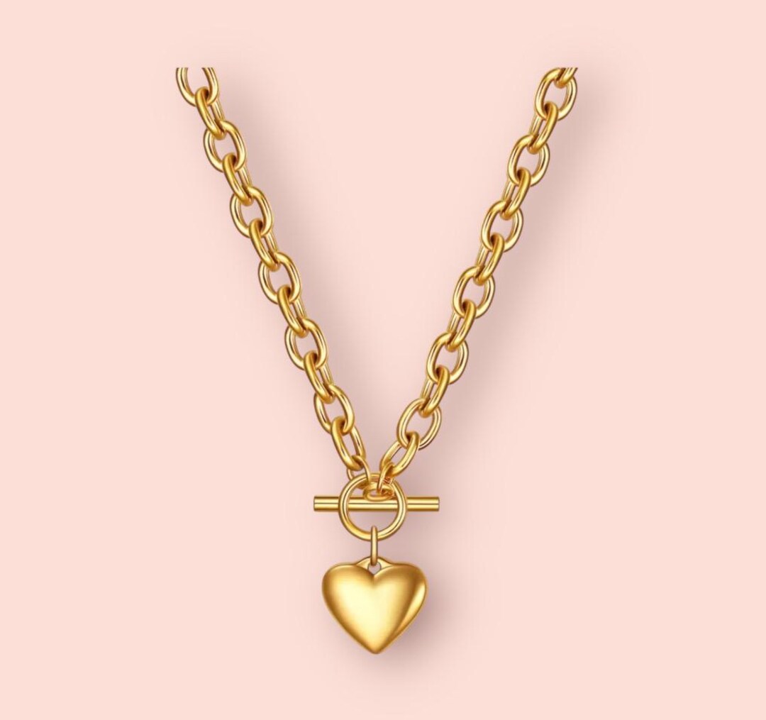 18K Gold Plated T Bar Solid Heart Charm Waterproof Necklace Chain - Etsy