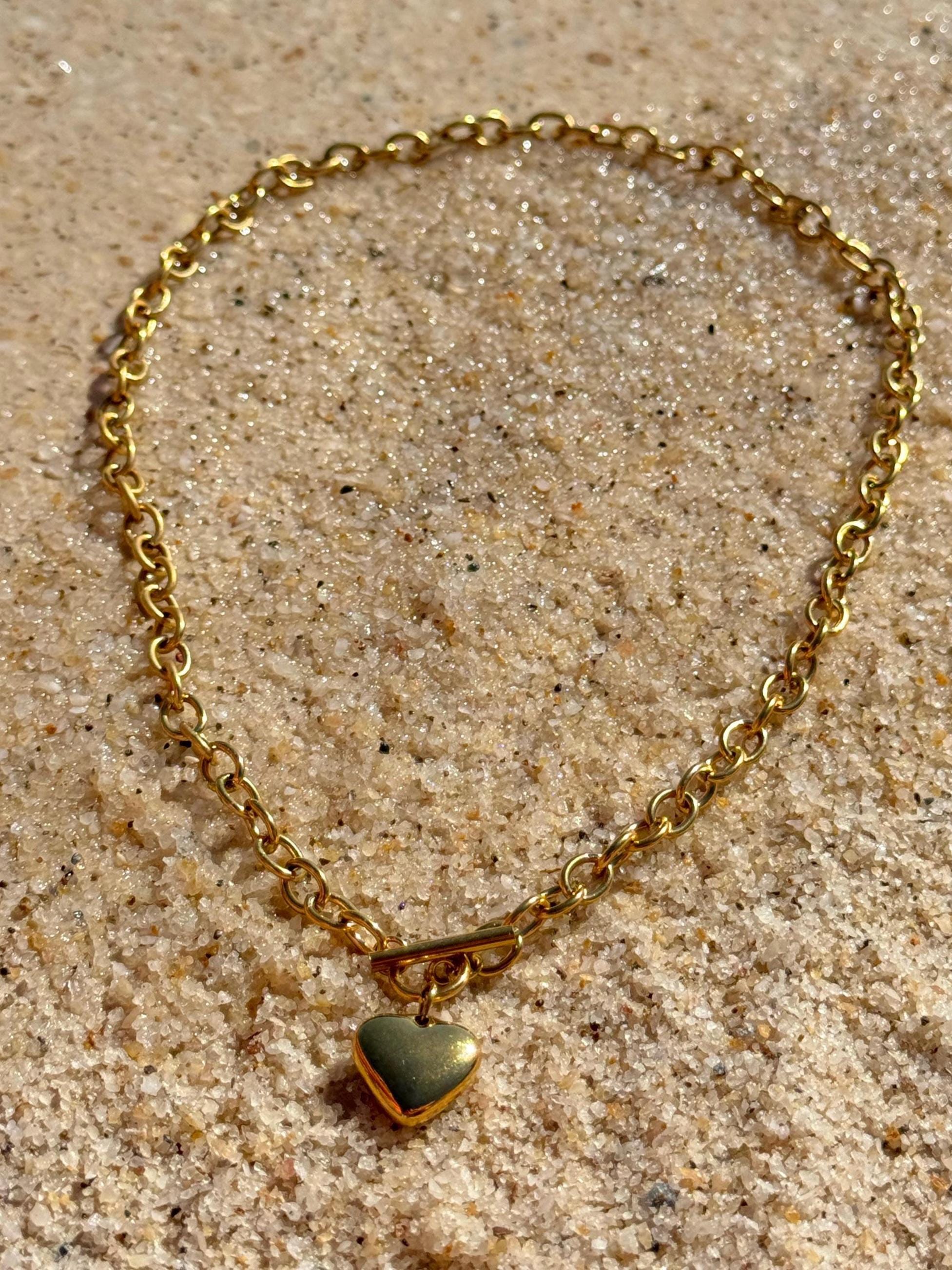 18K Gold Plated T Bar Solid Heart Charm Waterproof Necklace Chain - Etsy