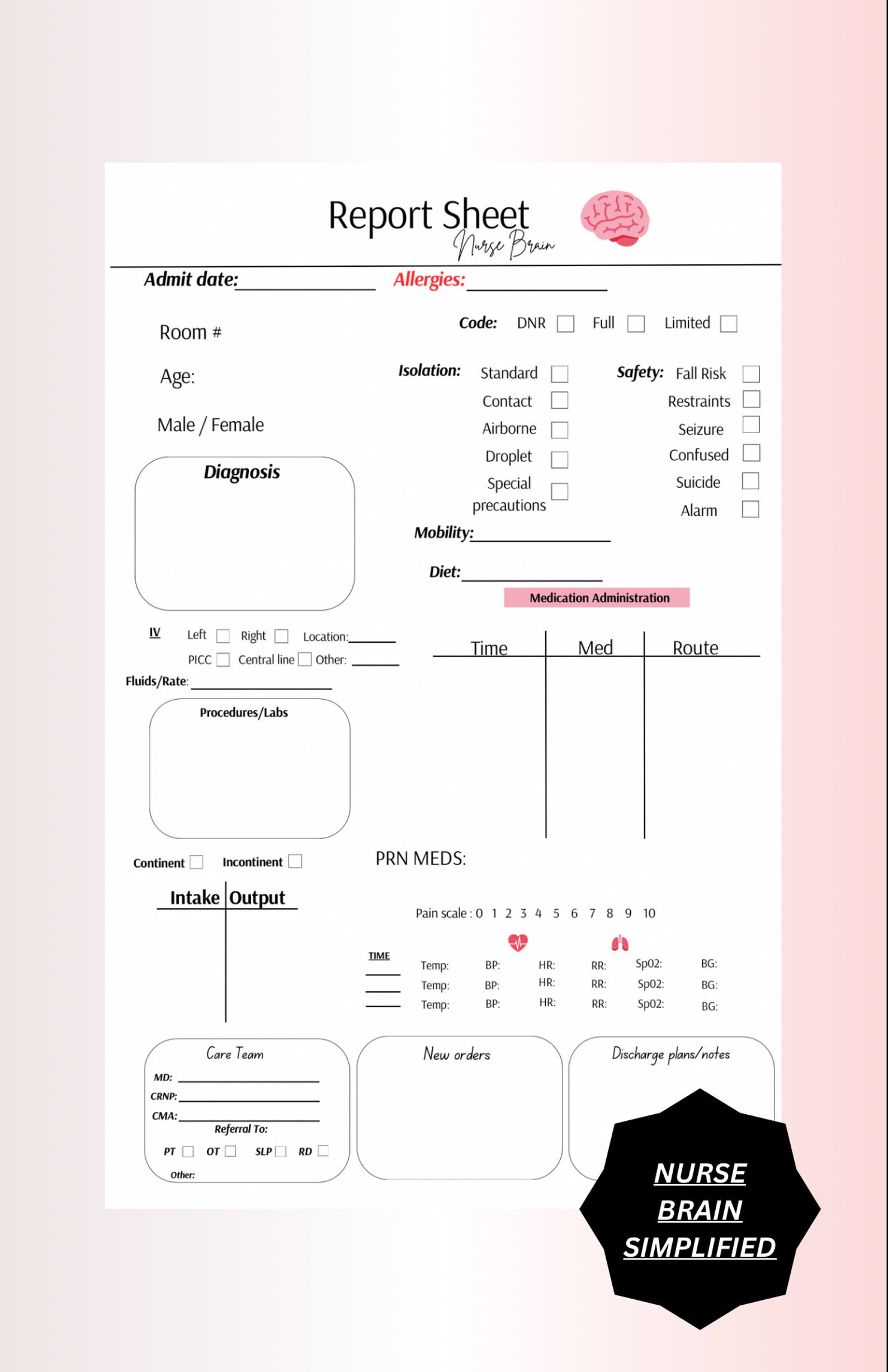 Nurse Brain. Hand off Report Sheet for Nurses and Nursing Students ...
