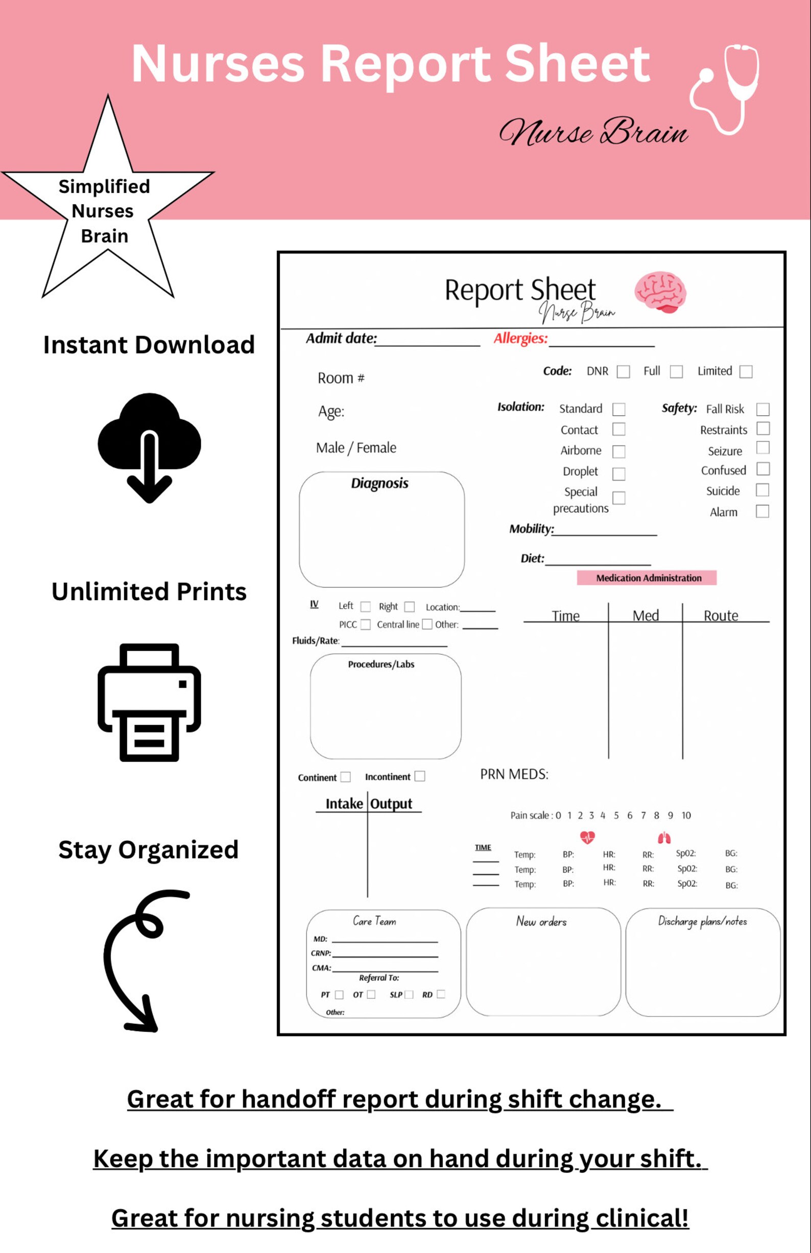 Nurse Brain. Hand off Report Sheet for Nurses and Nursing Students ...