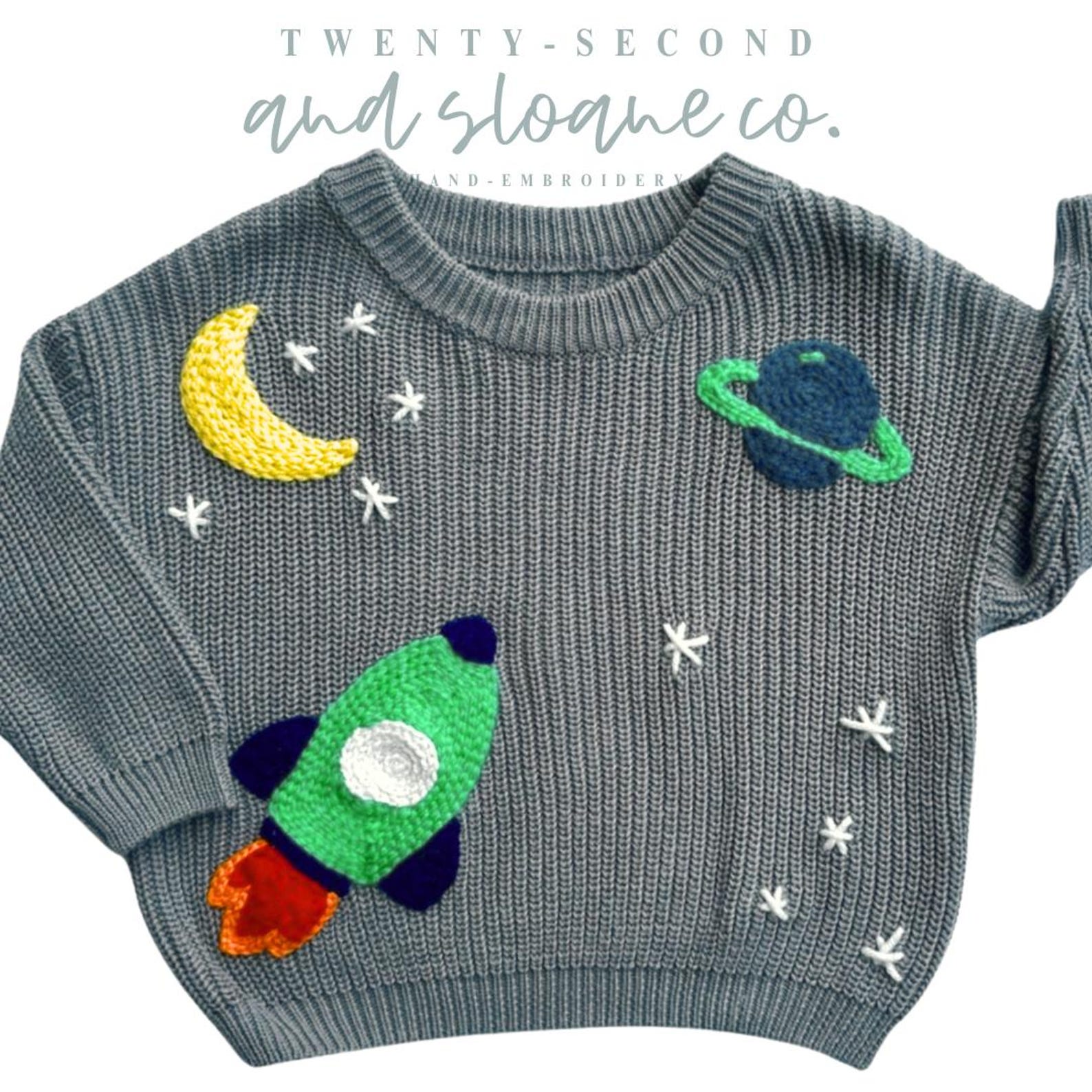 Hand Embroidered Toddler Sweater, Moon Stars Planet Rocket Design - Etsy