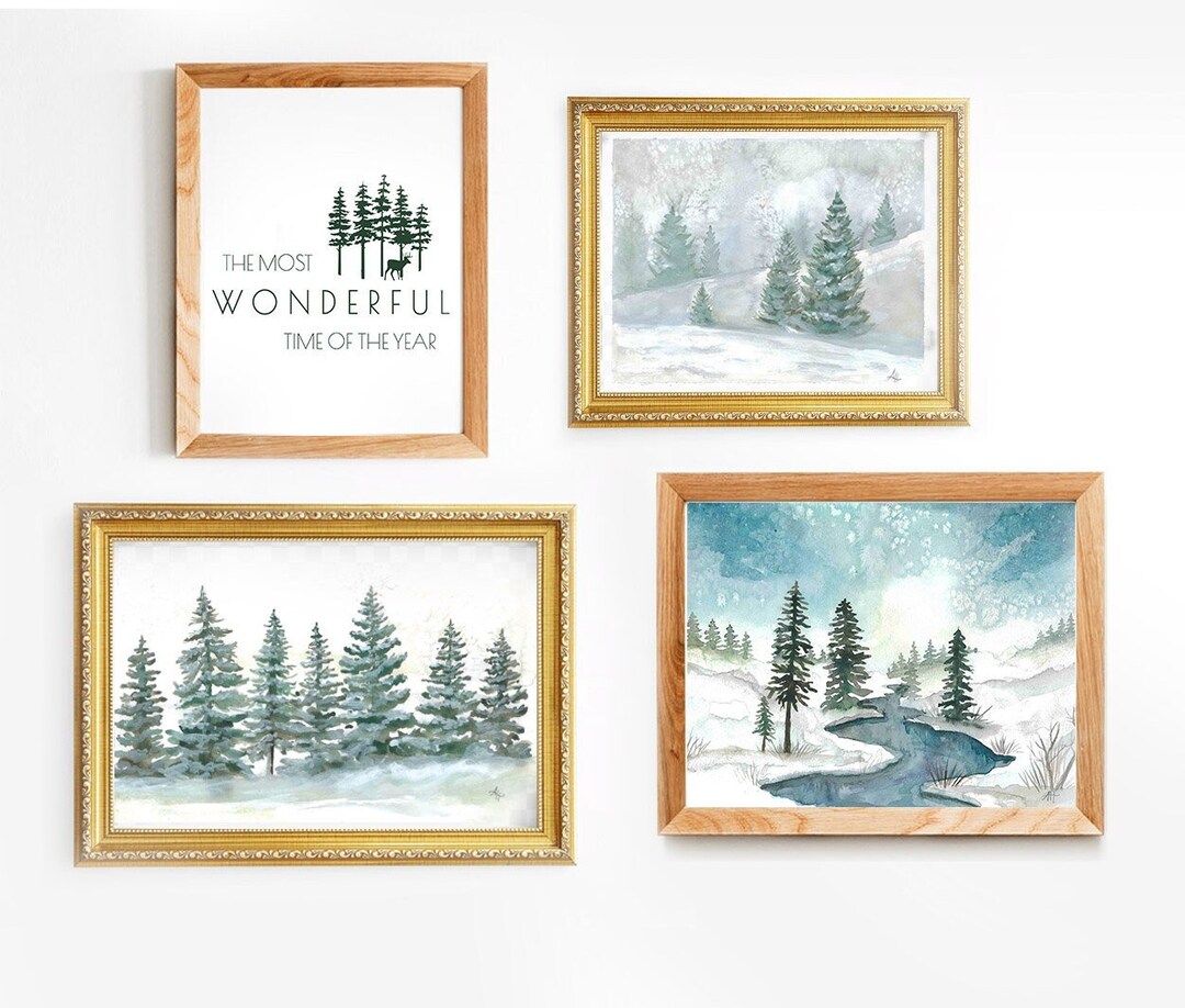 Winter Pine Trees and Snow Original Paintings Prints Set of 4 Winter ...