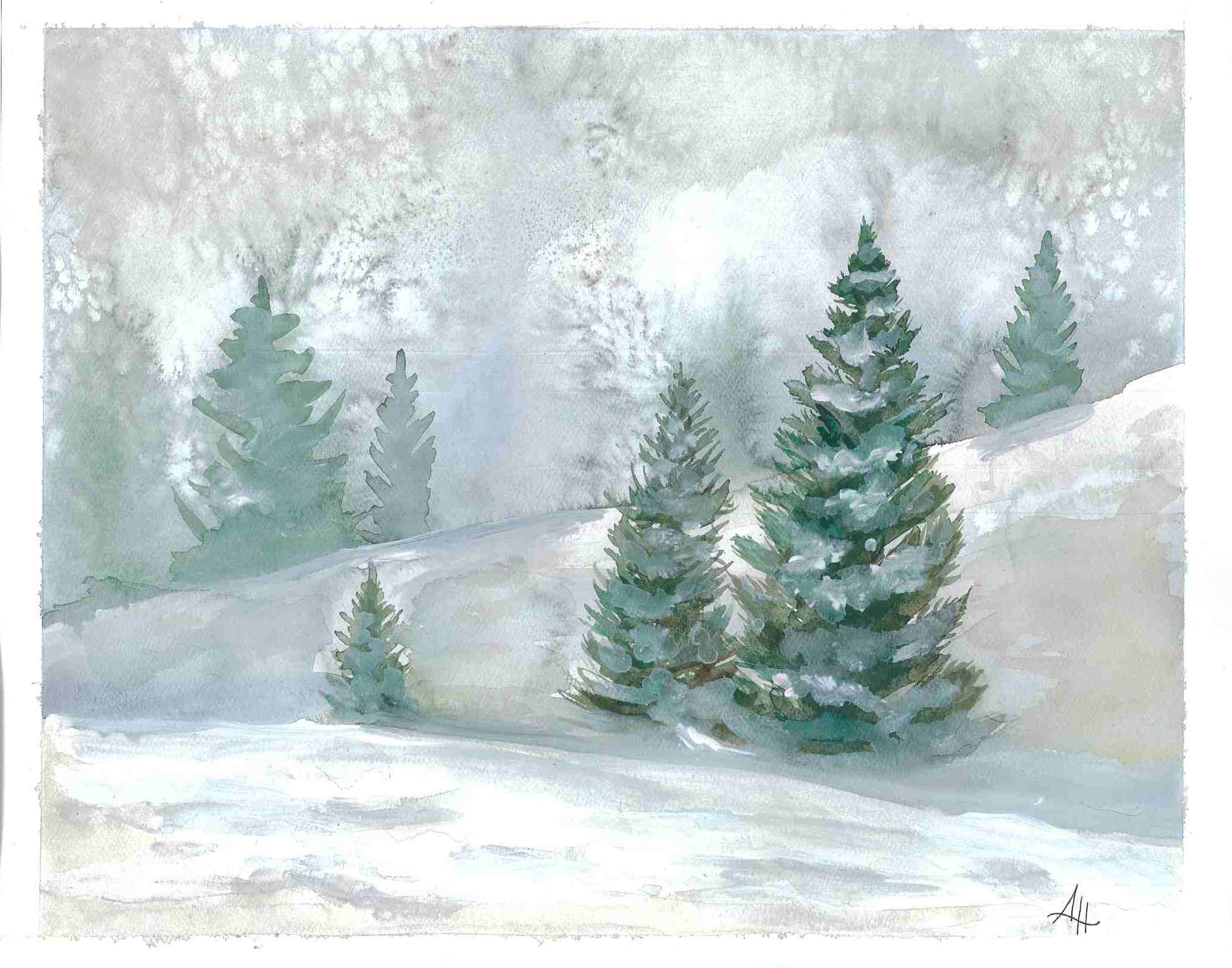 Winter Pine Trees and Snow Original Paintings Prints Set of 4 Winter ...