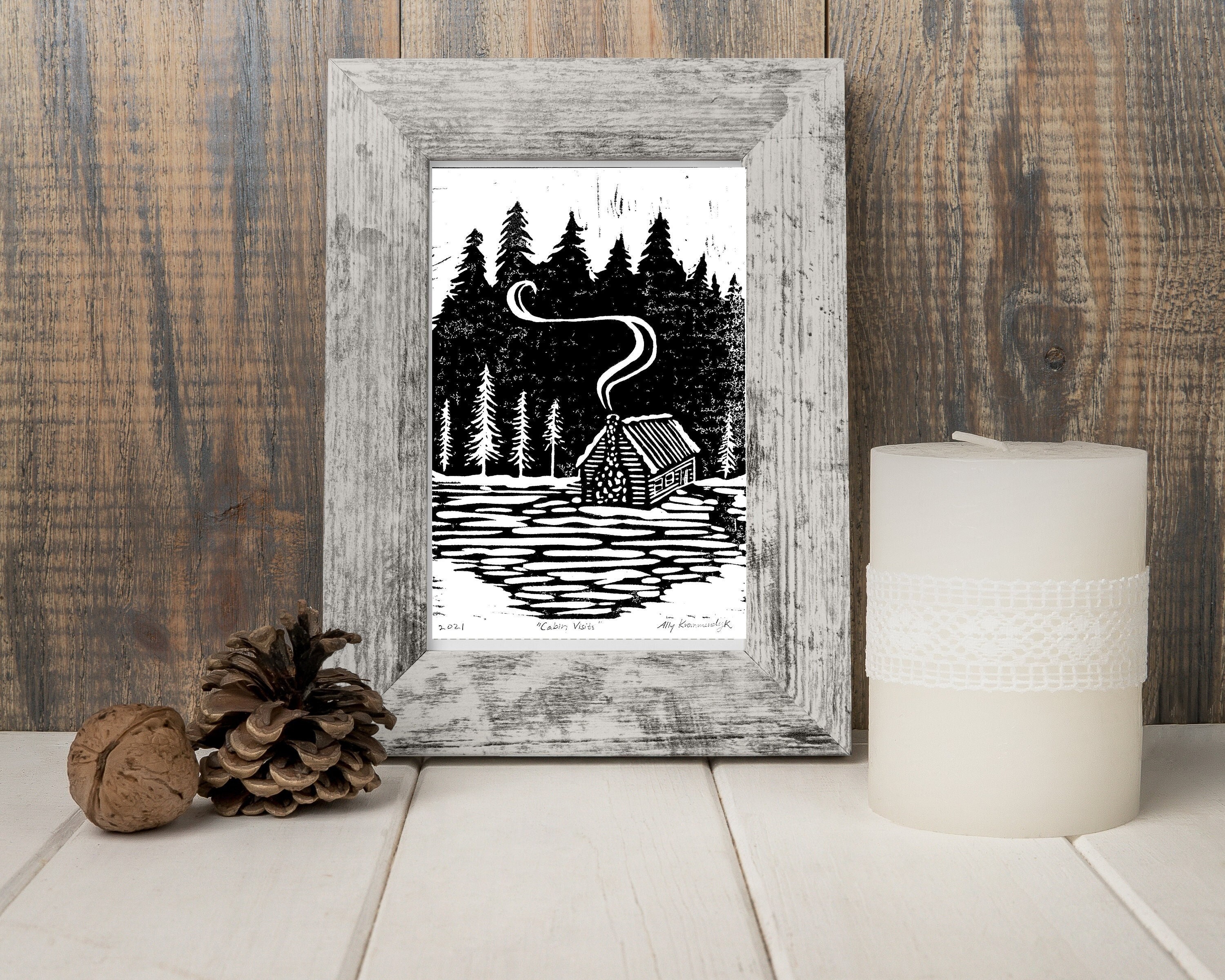 Printable Winter Art Cabin Digital Download of an Original Linocut ...