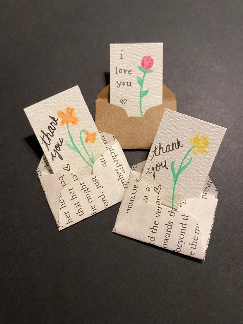 Tiny Envelopes - Recycled Book Pages, Kraft Paper, Blank Cards, Love ...