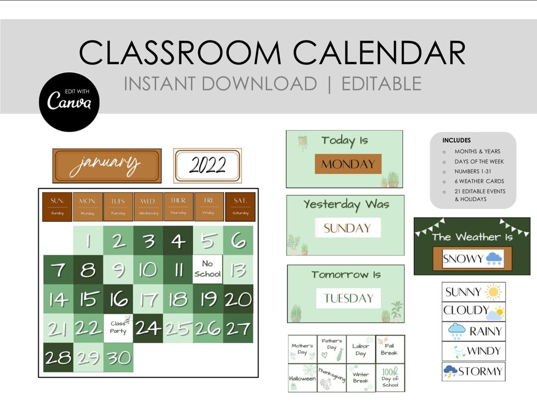 Botanical Classroom Calendar With Weather Display - Printable ...