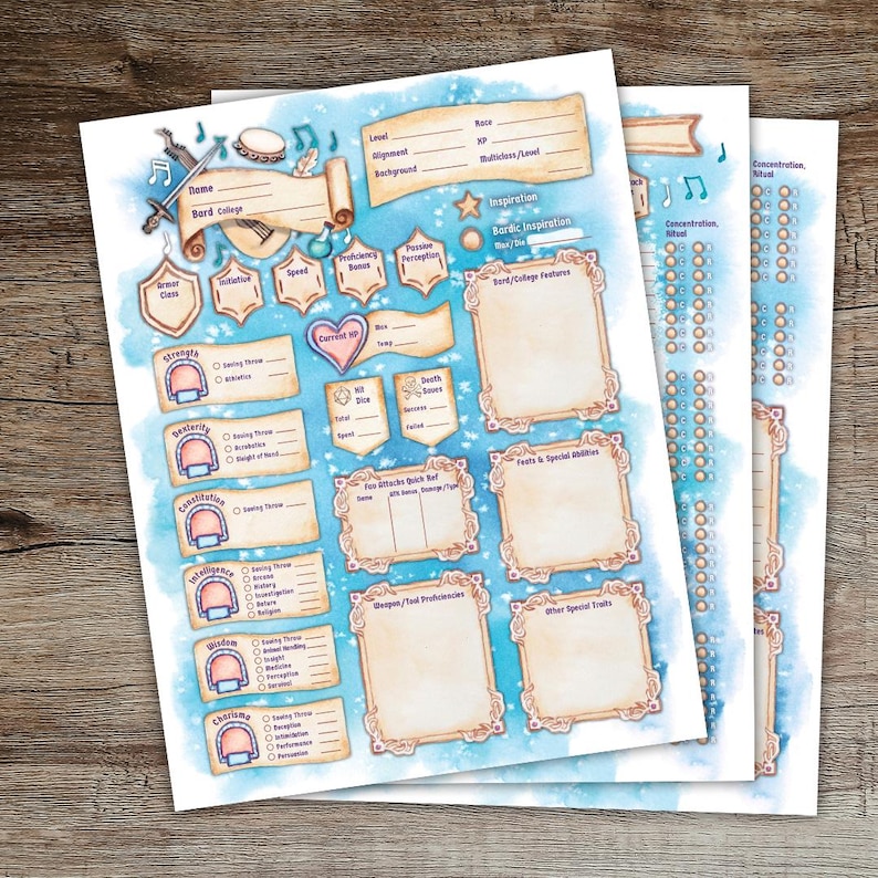 Bard Character Sheet - Dnd 5e - Printable Fillable Form - Etsy