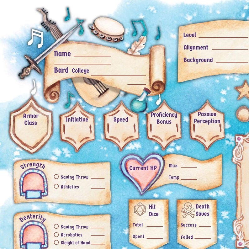 Bard Character Sheet - Dnd 5e - Printable Fillable Form - Etsy Australia