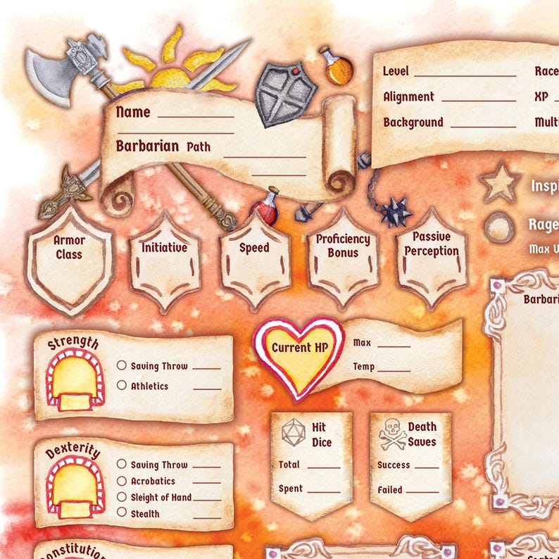 Barbarian Character Sheet - Dnd 5e - Printable Fillable Form - Etsy UK
