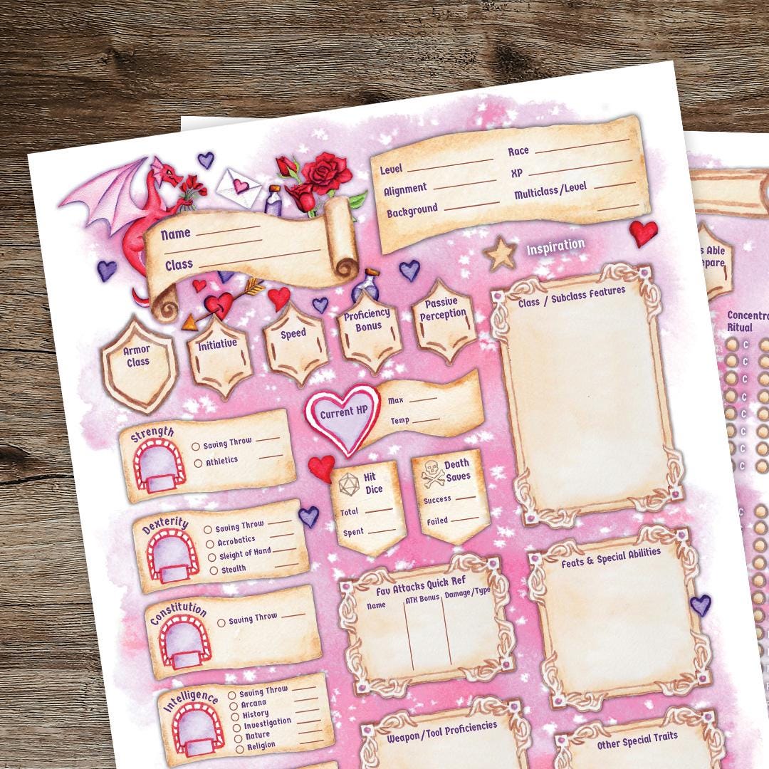 Dnd Romance Character Sheet 5e - Printable Fillable Form - Etsy