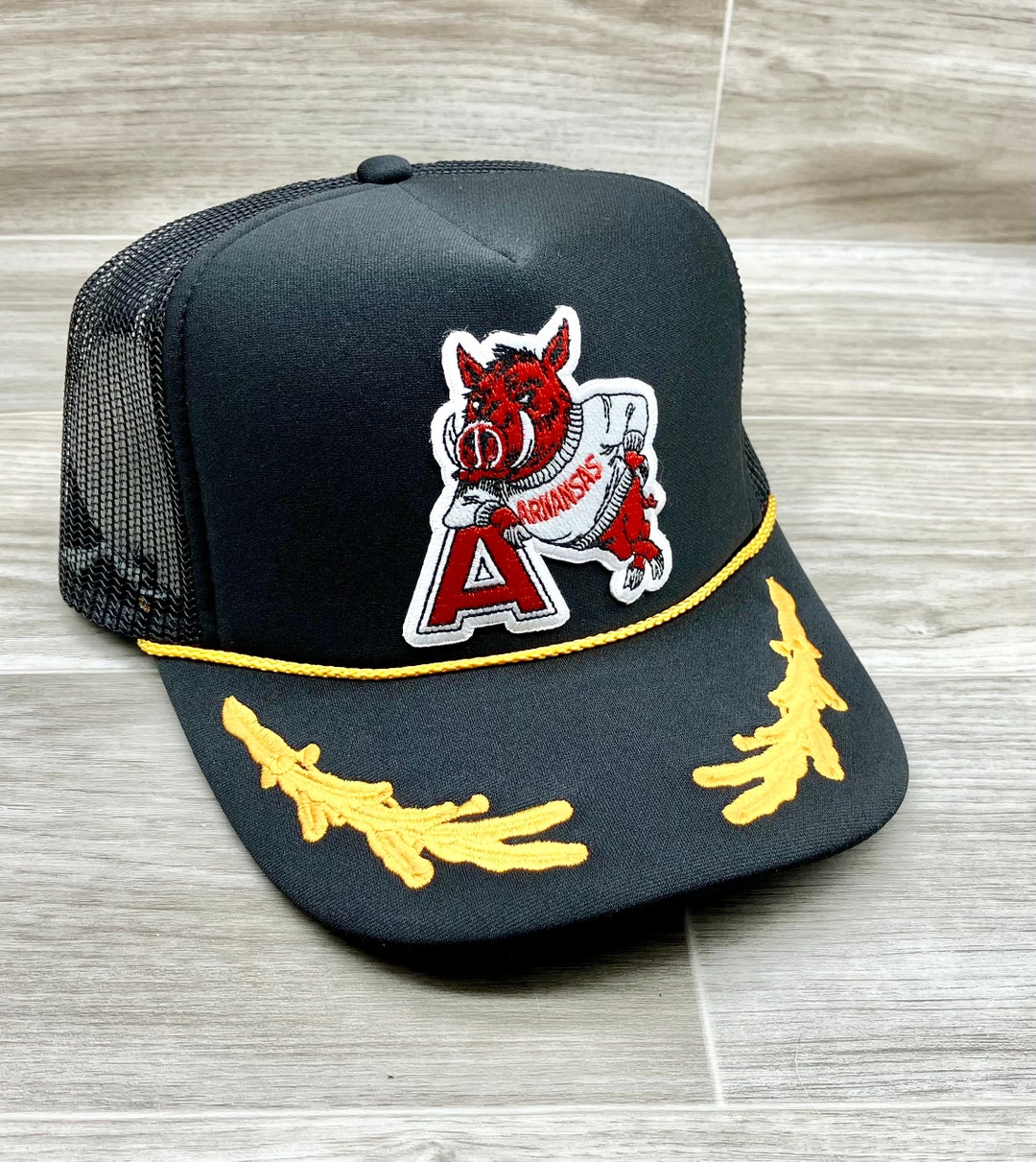 Retro Arkansas Razorback standing A Patch on Black Trucker Hat W ...