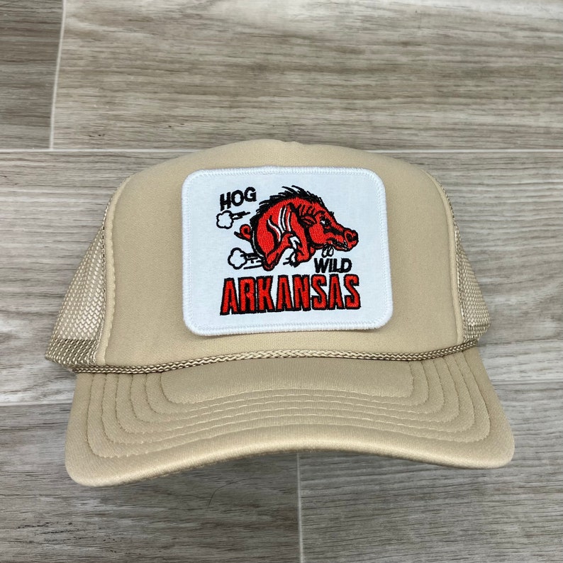 Retro Hog Wild Arkansas Razorback Patch on Beige Meshback Trucker Hat ...