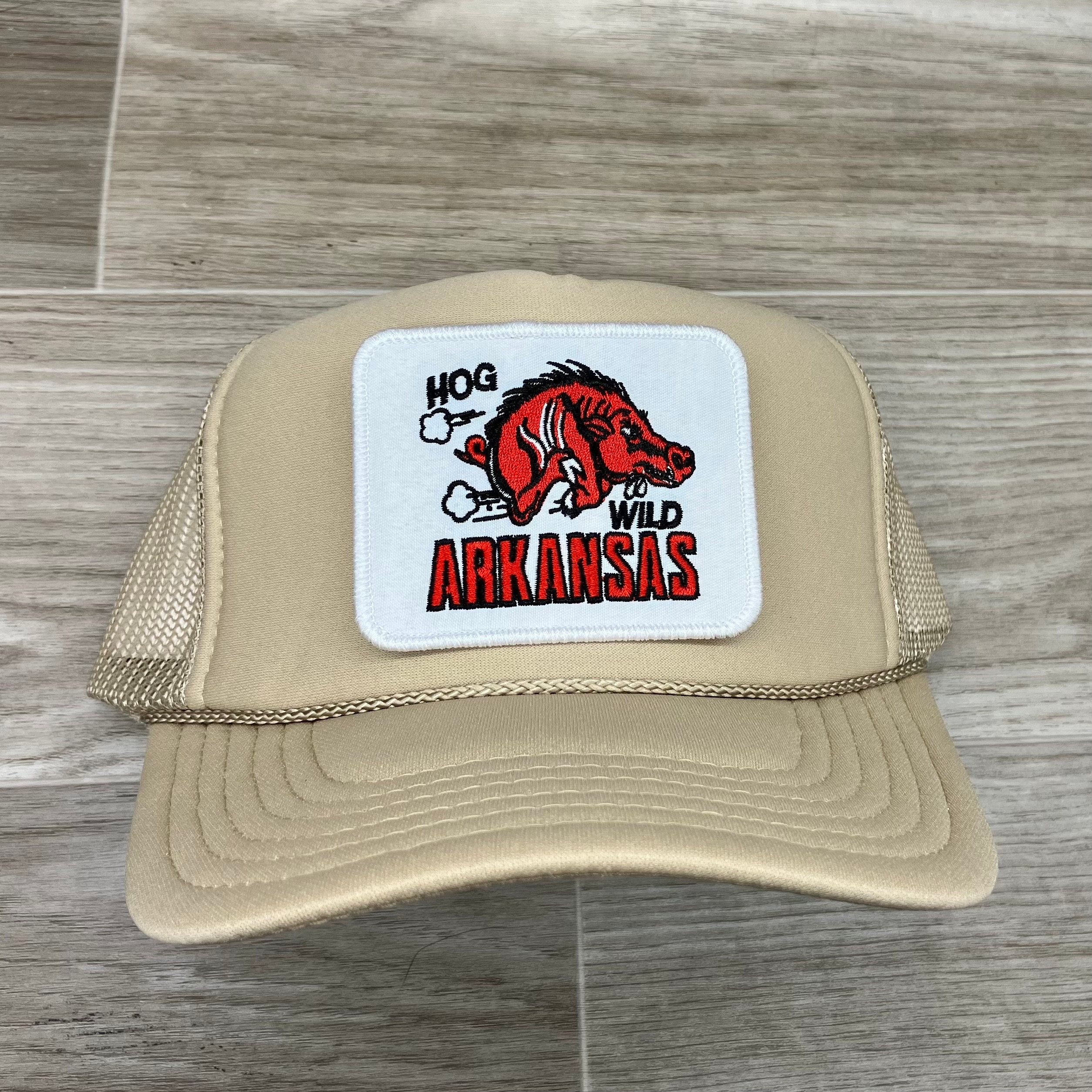 Retro Hog Wild Arkansas Razorback Patch on Beige Meshback Trucker Hat ...