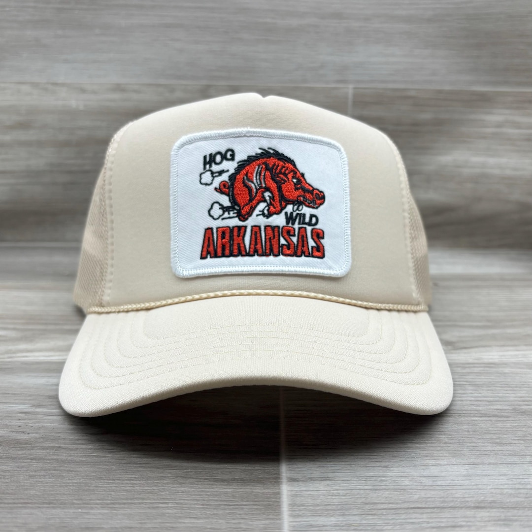 Retro Hog Wild Arkansas Razorback Patch on Beige Meshback Trucker Hat ...