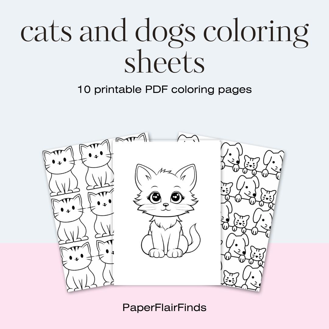 10 Coloring Pages, Cats and Dogs Coloring Pages, Pet Coloring Book - Etsy