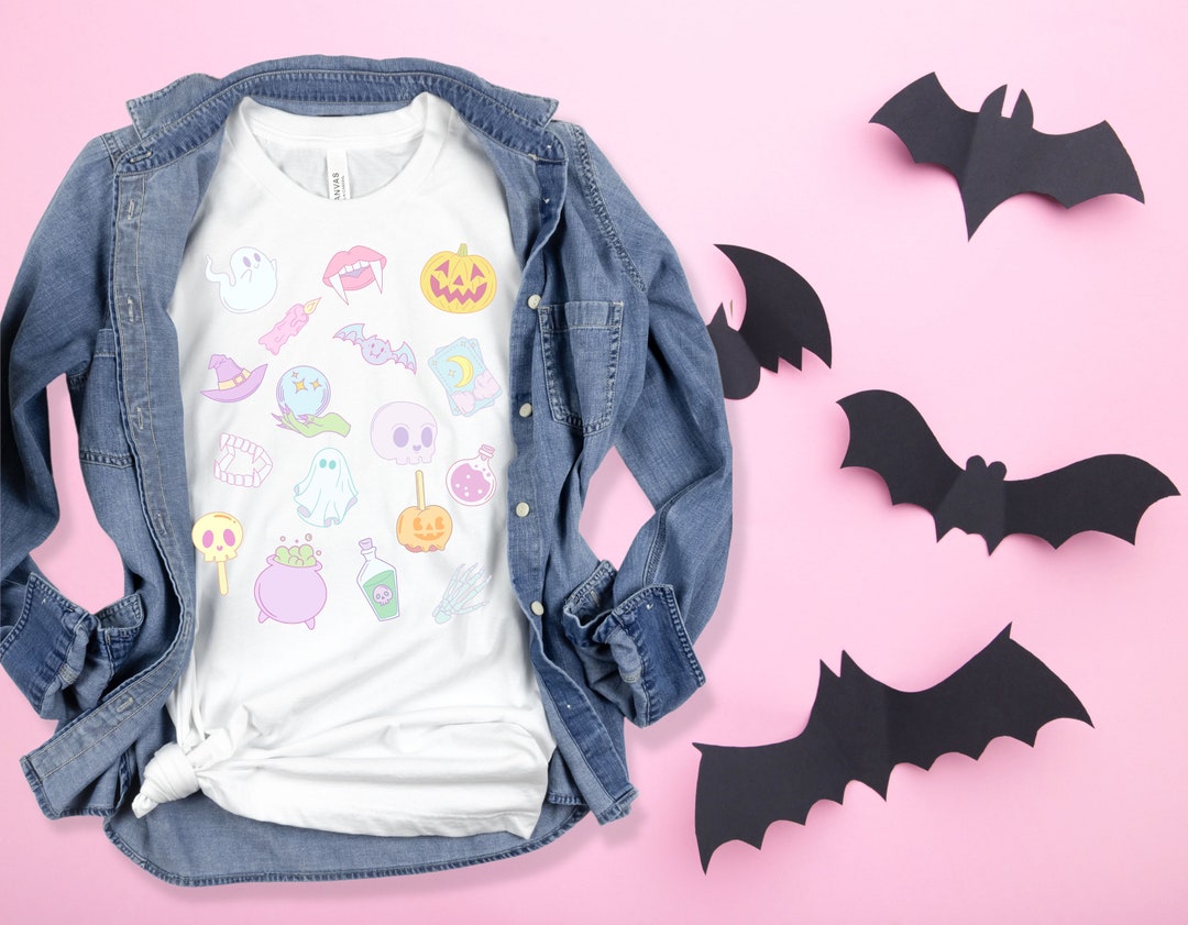 Cute Ghouly Pastel Goth Doodles Halloween Graphic Tee | Pumpkin | Witch ...