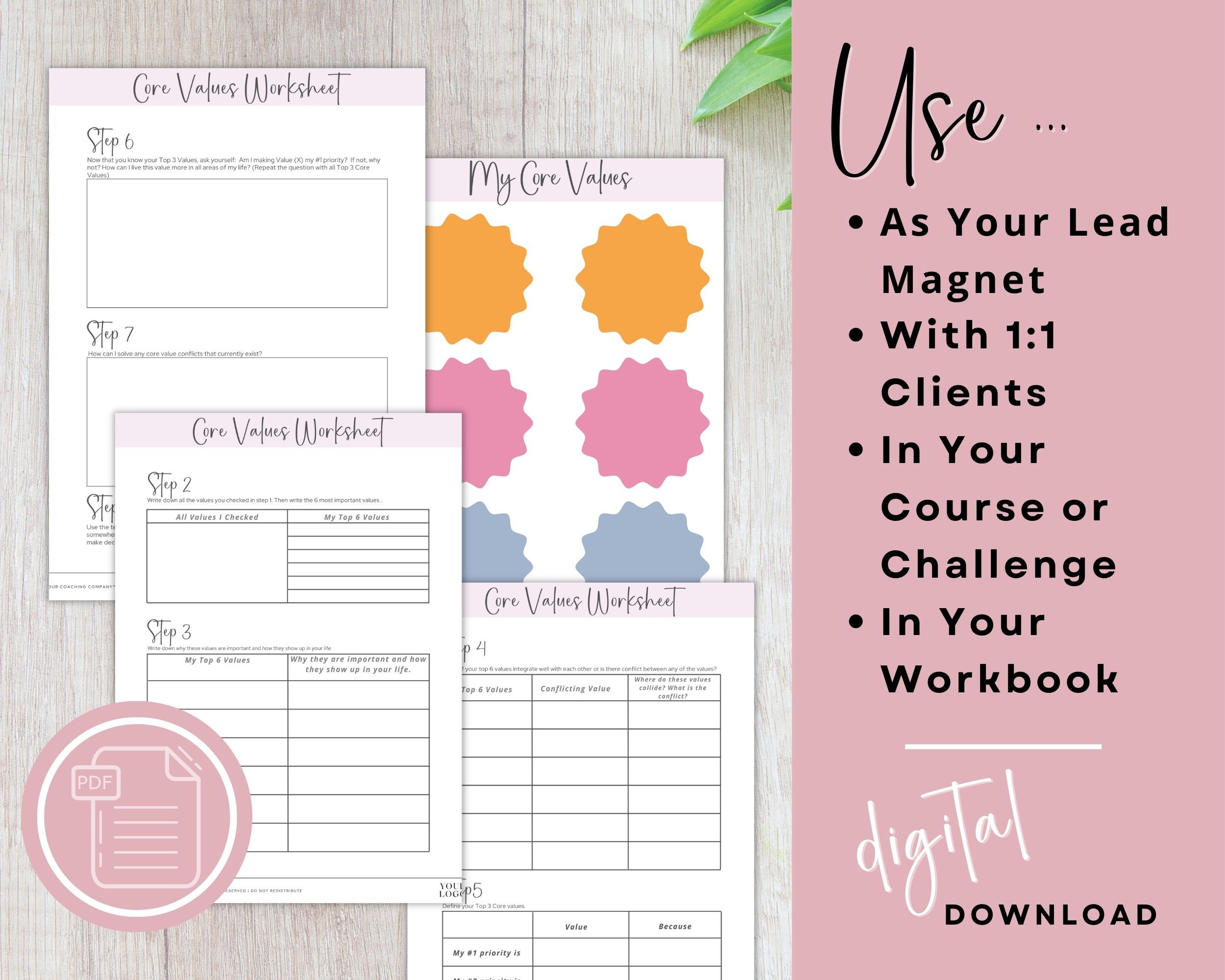 Core Values Coaching Worksheet Templates Life Coaching Canva Templates ...