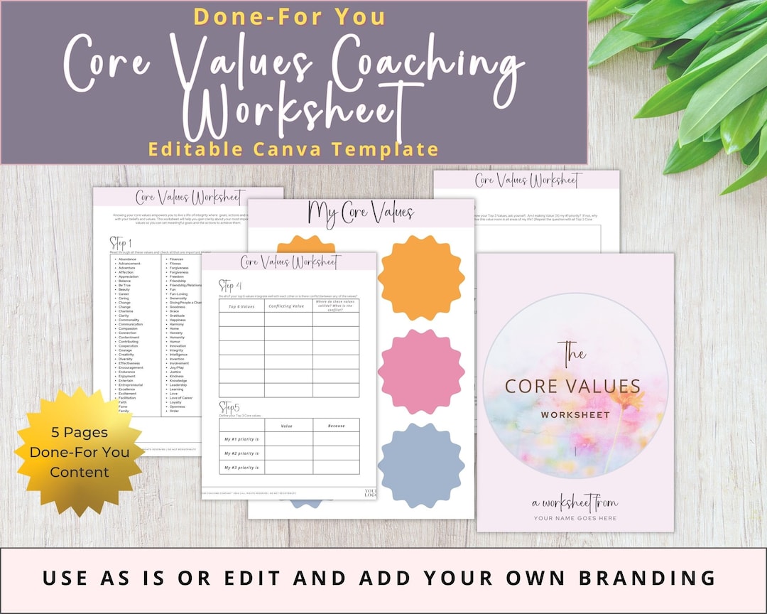 Core Values Coaching Worksheet Templates Life Coaching Canva Templates ...