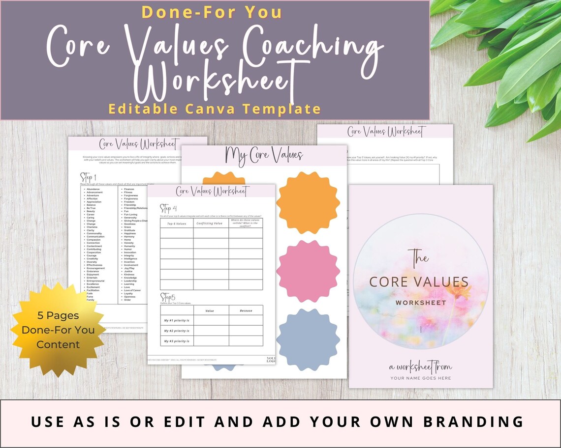 Core Values Coaching Worksheet Templates Life Coaching Canva Templates ...