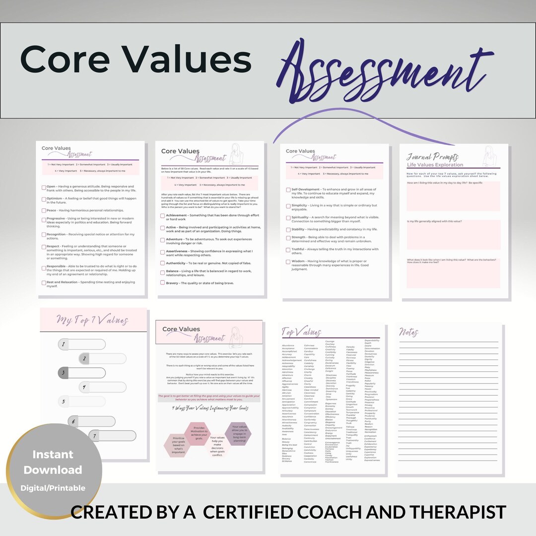 Core Values Assessment Worksheet Core Values Journal Prompts Coaching ...
