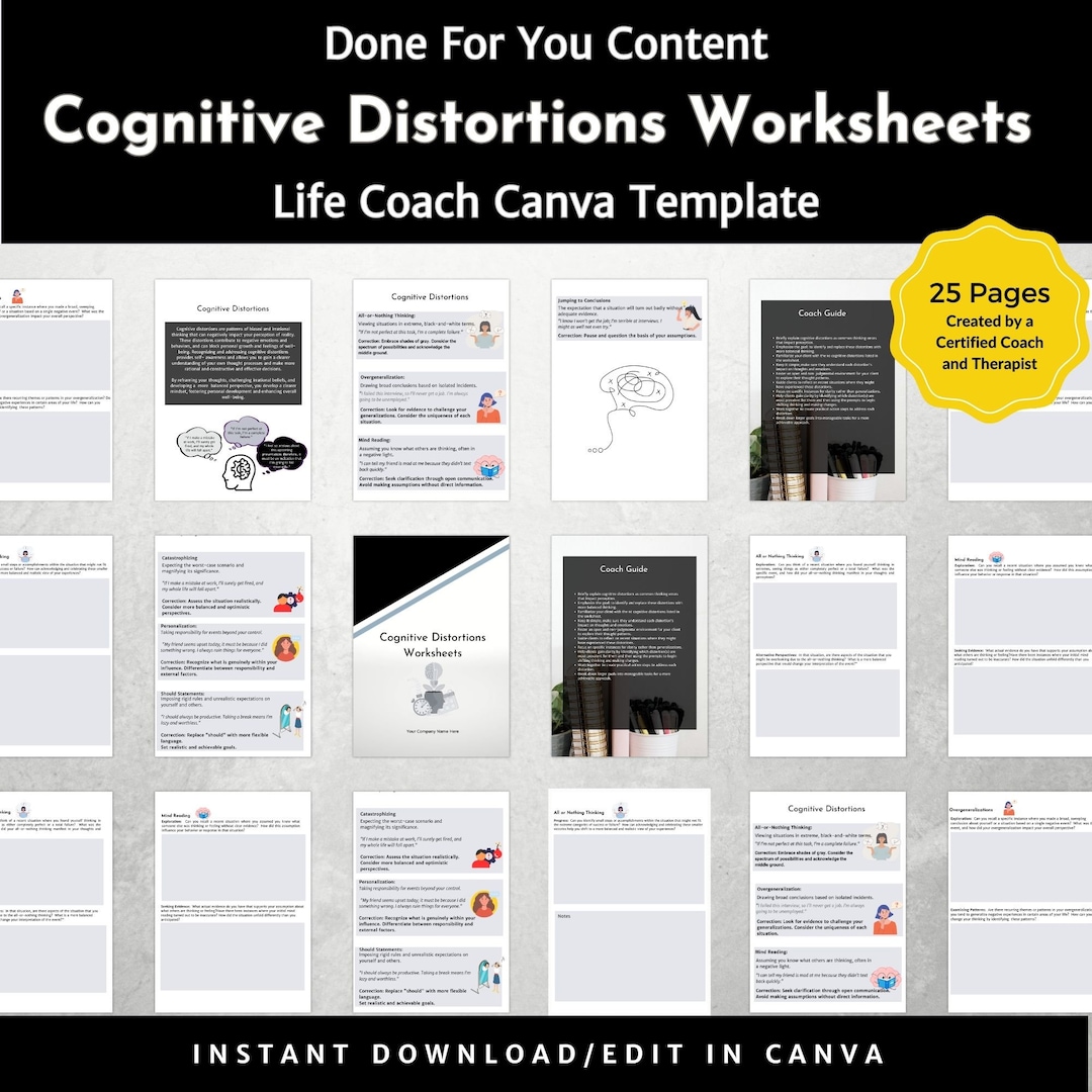 Cognitive Distortions Worksheet Bundle Coach Canva Templates Reframe ...