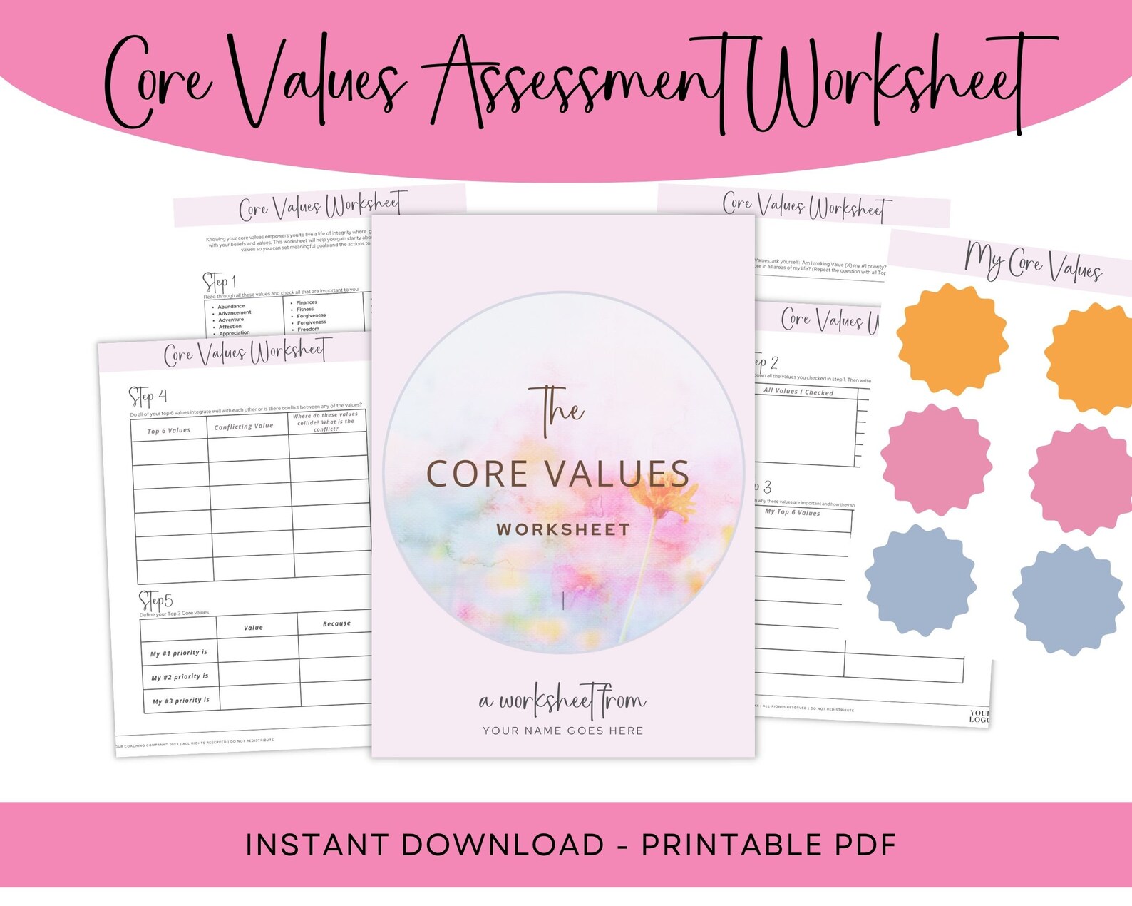 Self-growth Worksheet Bundle Self-esteem Worksheet Core Values ...