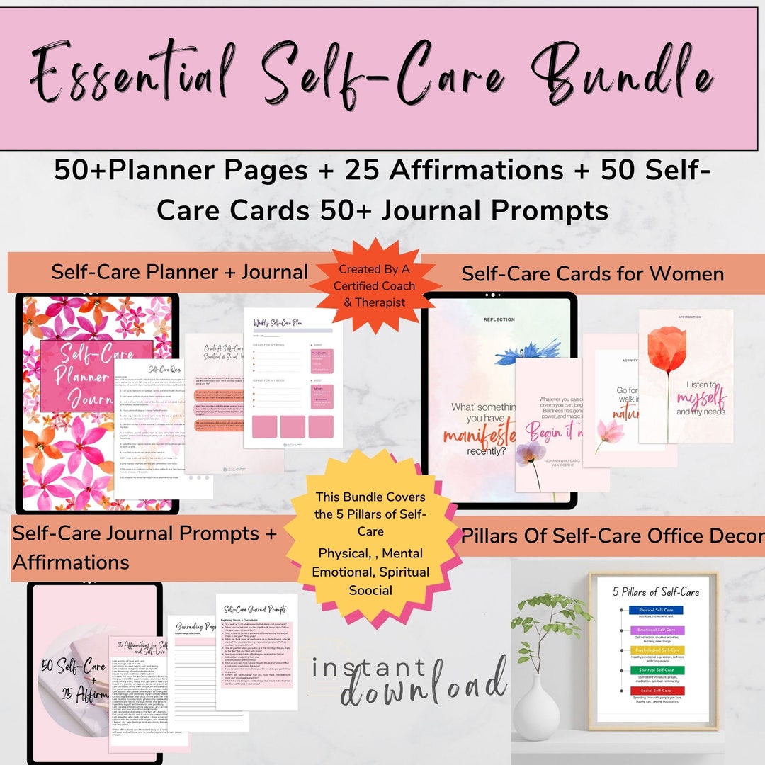 Essential Self-care Bundle Self Care Planner Journal Affirmation Cards ...