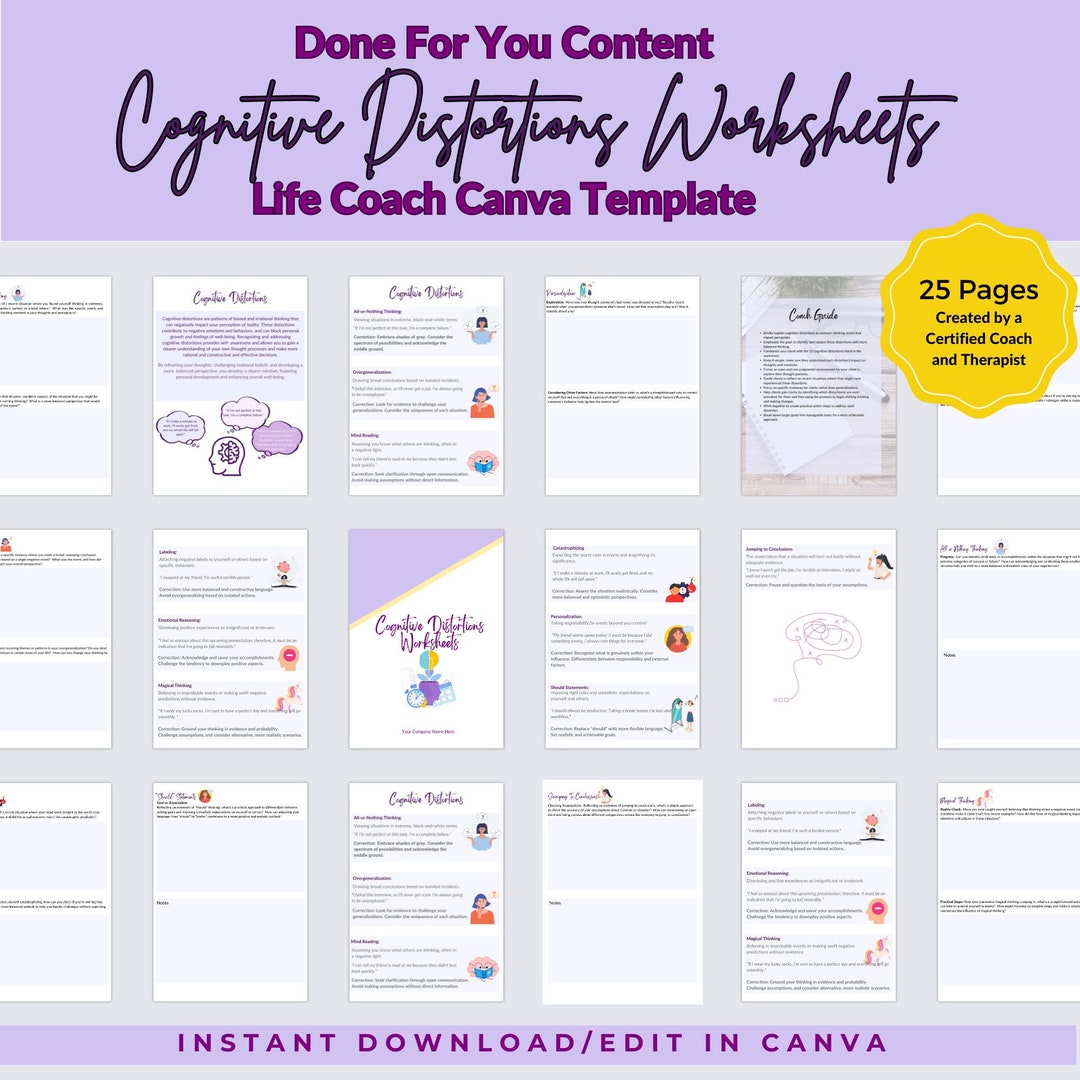 Cognitive Distortions Worksheets: Coach Canva Template (digital ...