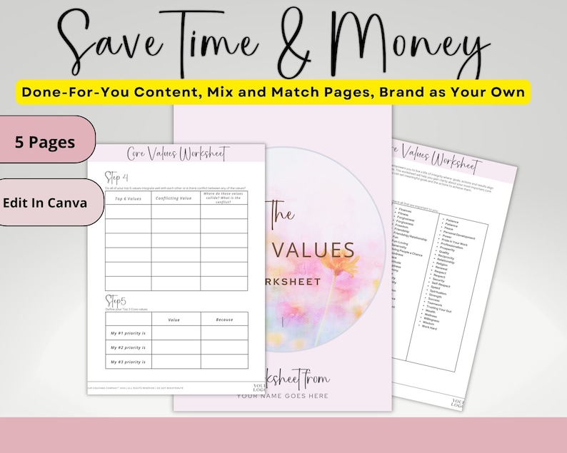 Core Values Coaching Worksheet Templates Life Coaching Canva Templates Done For You Coaching