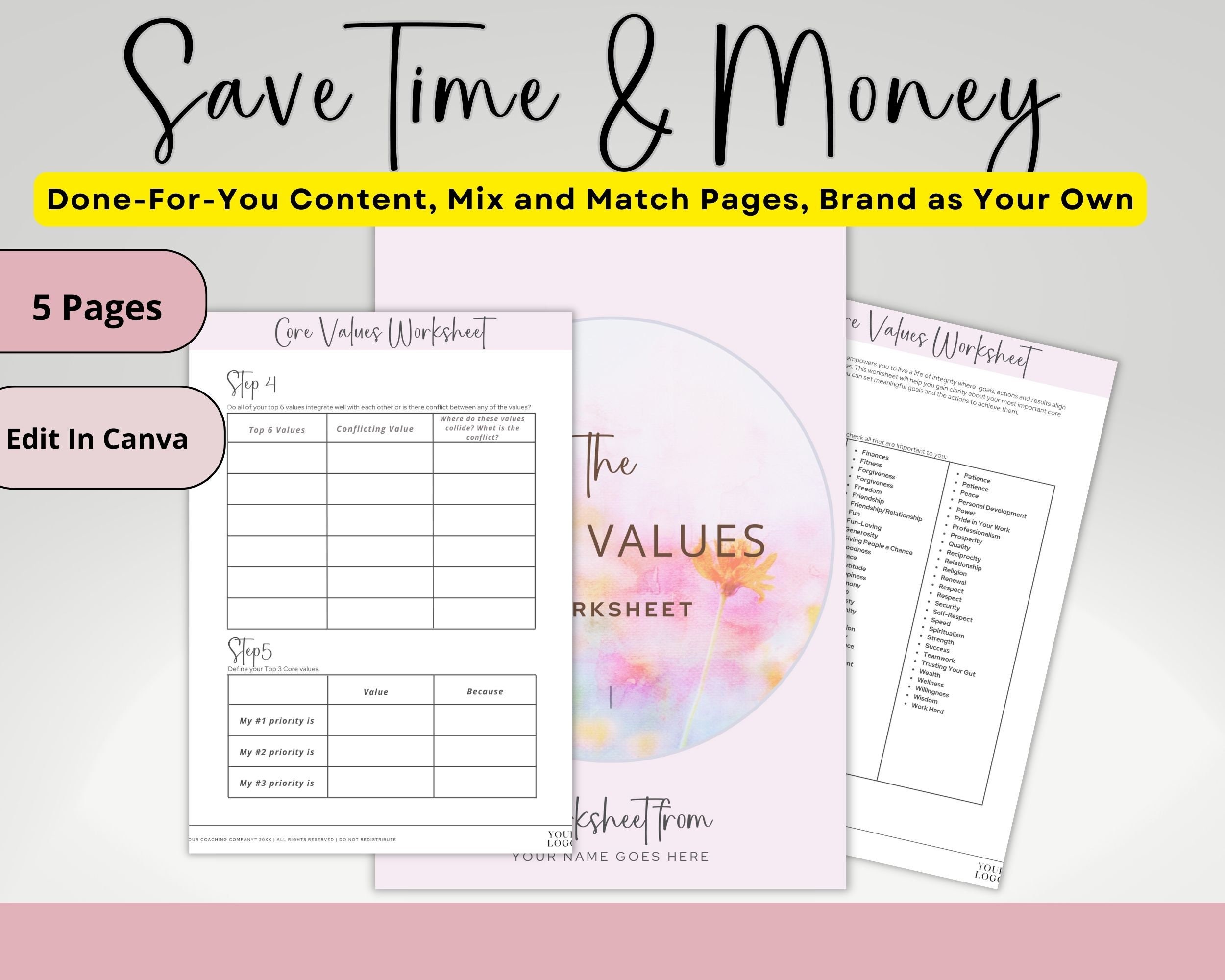 Core Values Coaching Worksheet Templates Life Coaching Canva Templates ...