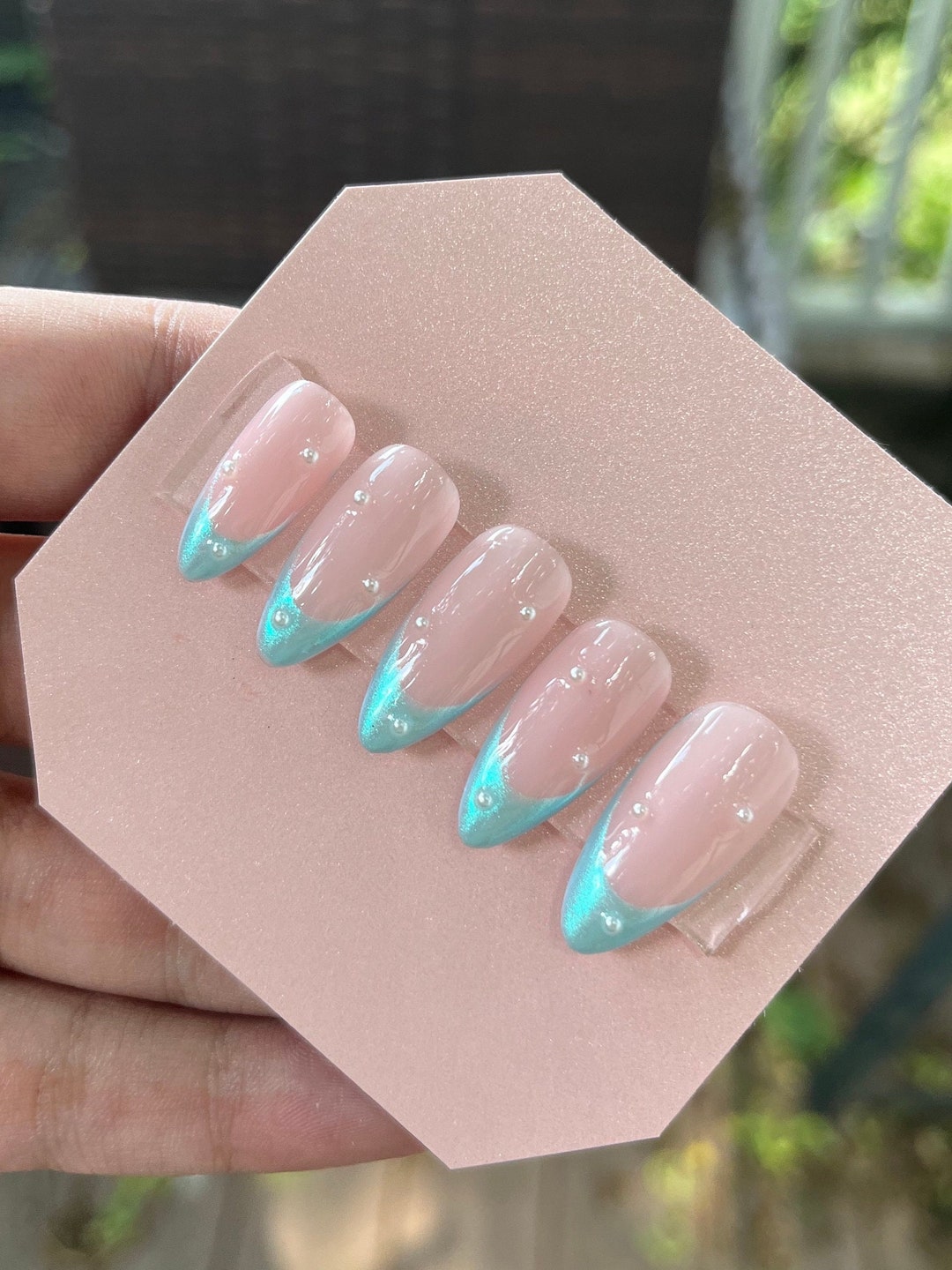 Chrome Blue French Tip W Pearls - Etsy