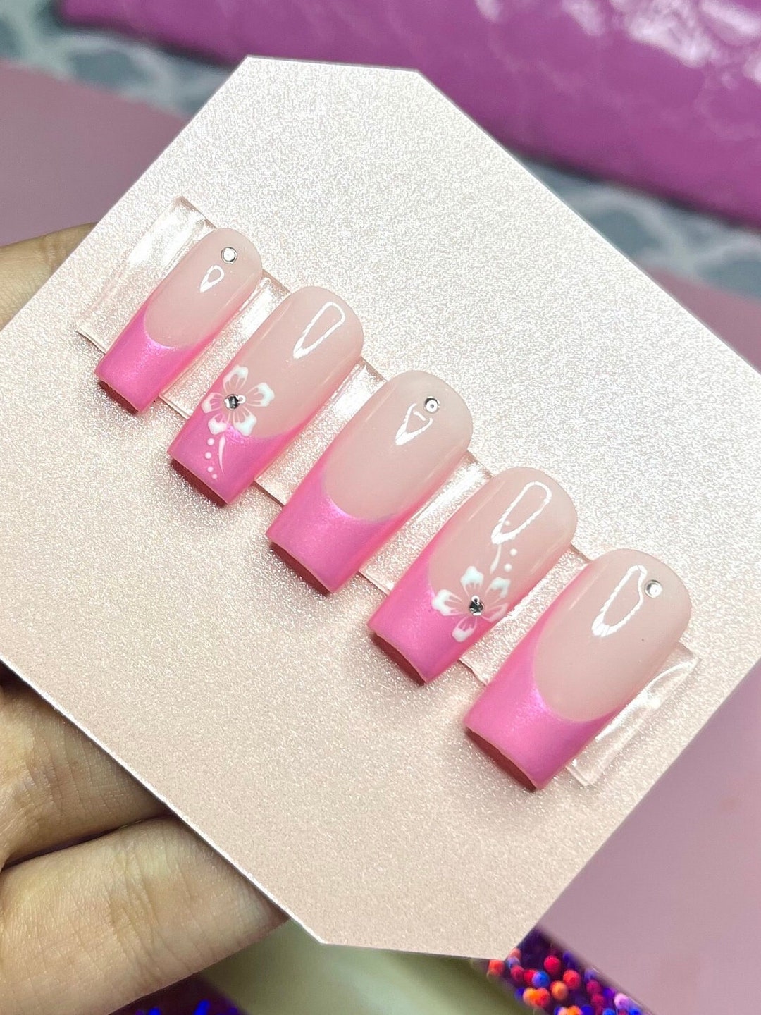 Pink Chrome Frenchies W Hawaiian Flowers / Gems - Etsy