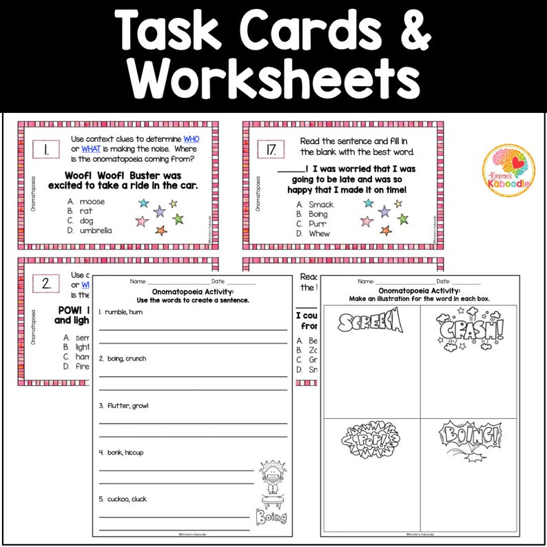 Onomatopoeia Activities Task Cards, Worksheets, and Anchor Charts ...
