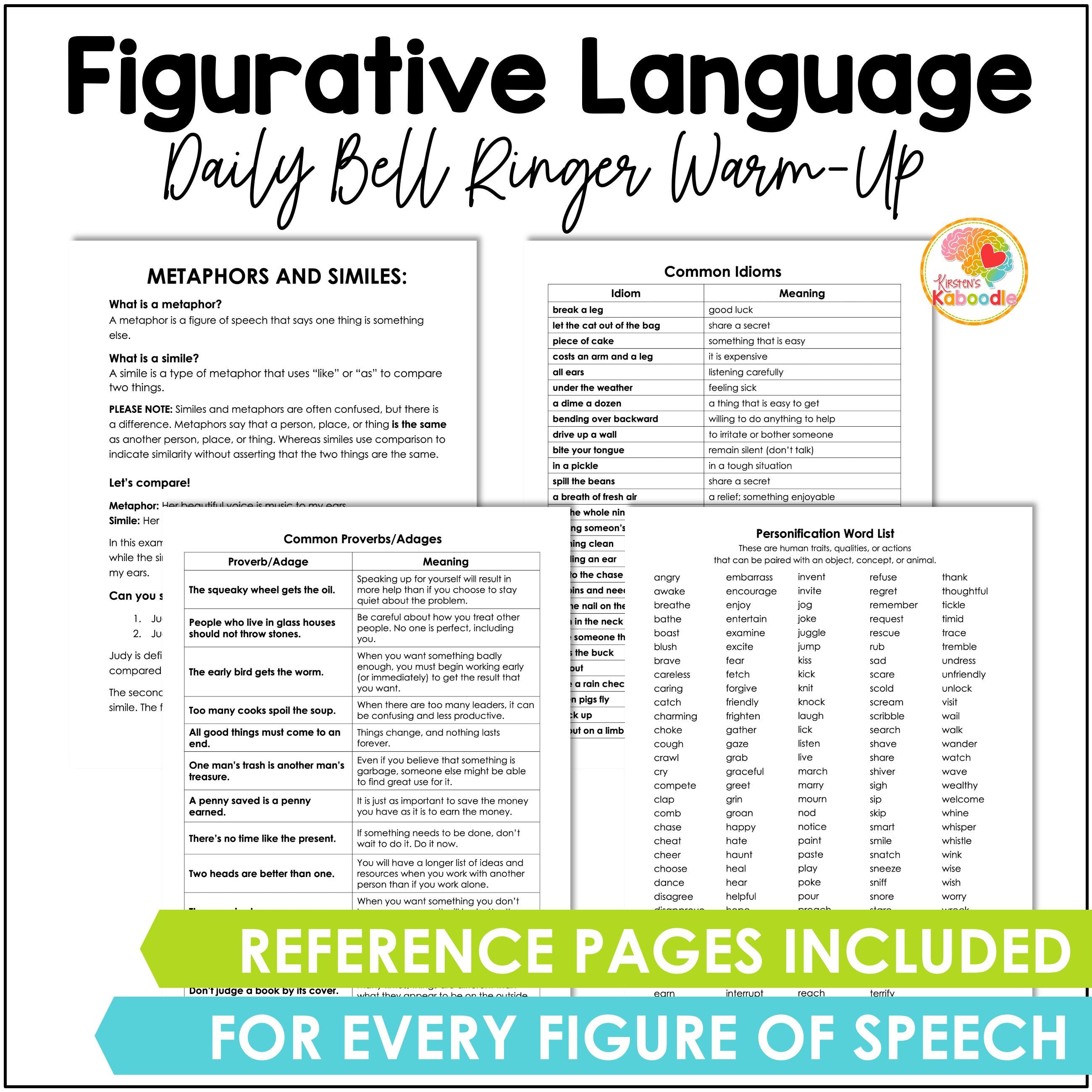 Figurative Language Activities: Daily Warm-up Bell Ringer Journal (bite ...