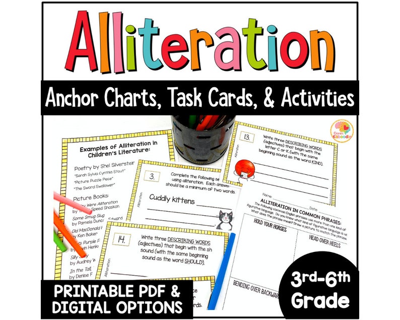 Alliteration Activities Task Cards, Anchor Charts, and Worksheets ...