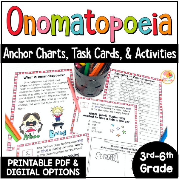Onomatopoeia Activities Task Cards, Worksheets, and Anchor Charts ...