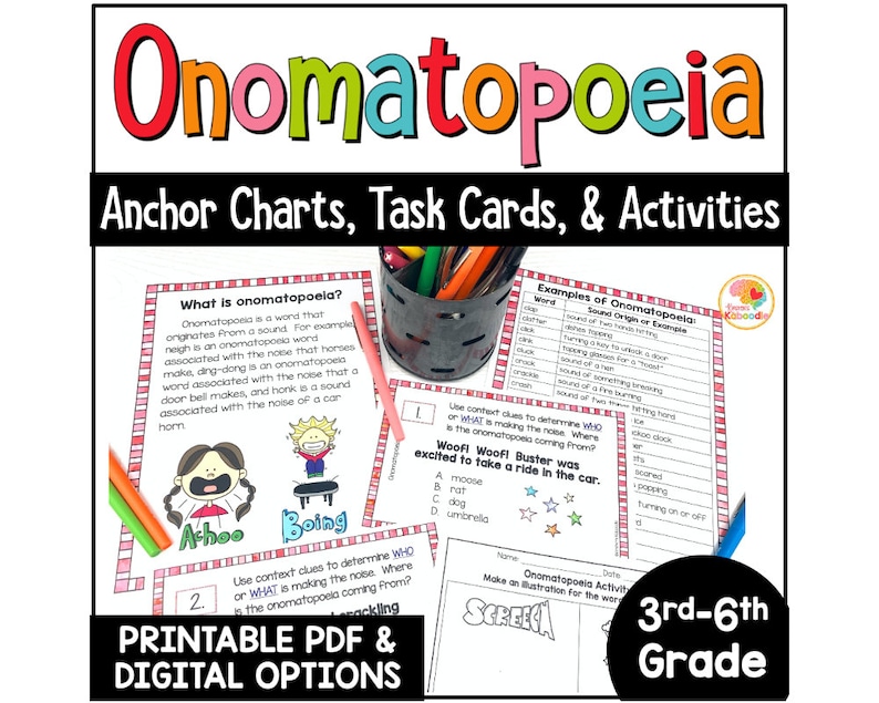 Onomatopoeia Activities Task Cards, Worksheets, and Anchor Charts ...