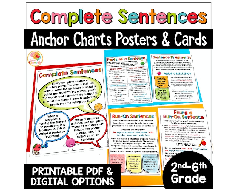 Complete Sentences Anchor Charts: Part of a Sentence Posters and ...