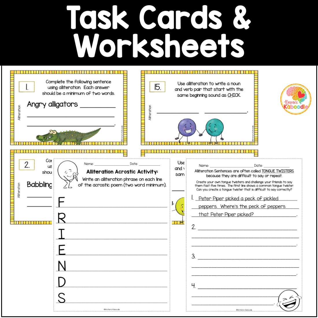 Alliteration Activities Task Cards, Anchor Charts, and Worksheets ...