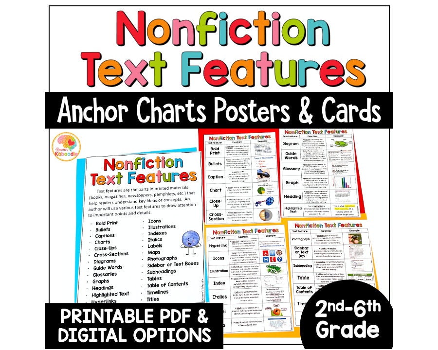 Nonfiction Text Features Anchor Charts: Reading Skills Reference Sheets ...