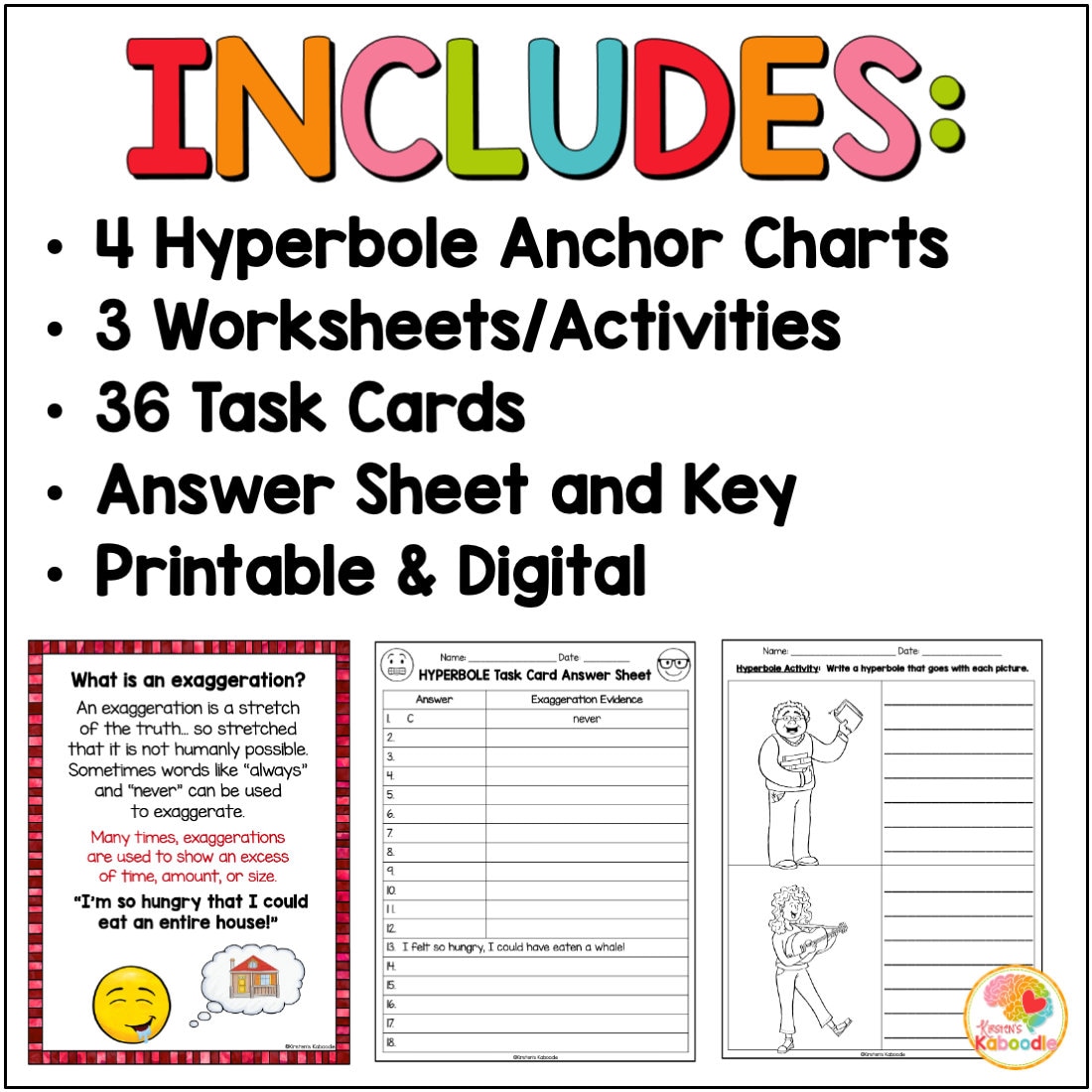 Hyperbole Activities: Worksheets, Task Cards, and Anchor Charts - Etsy
