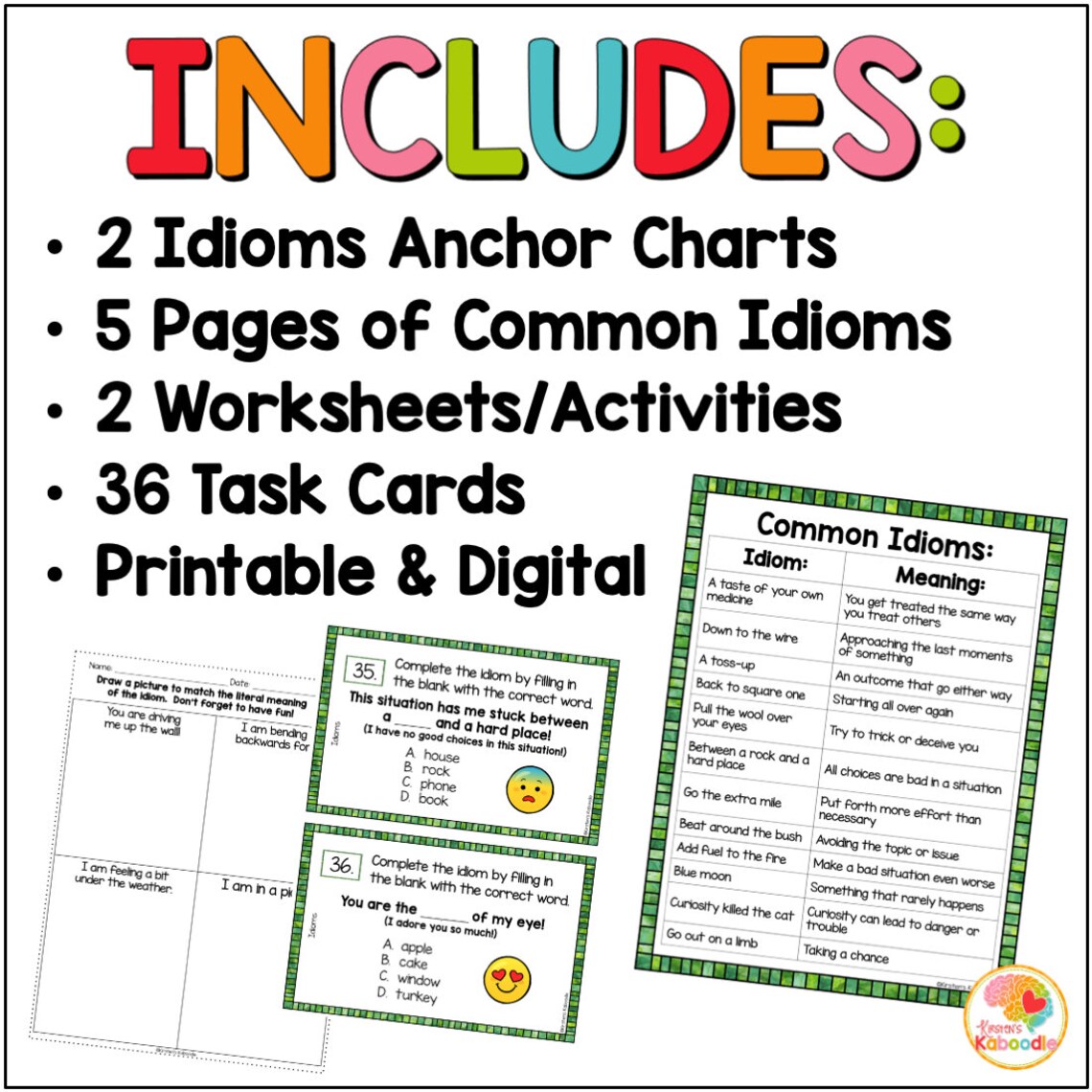 Idioms Worksheets, Task Cards, and Anchor Charts - Etsy