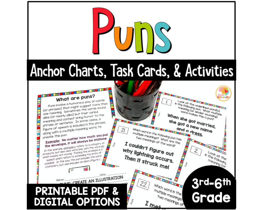 Puns Activities Task Cards, Worksheets, and Anchor Charts for Kids ...