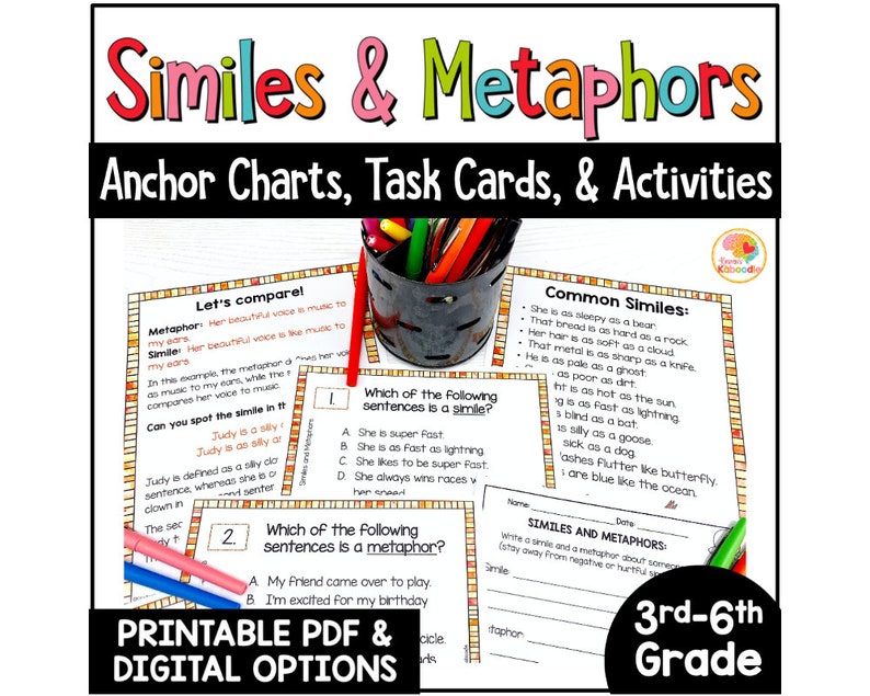 Similes and Metaphors: Posters, Task Cards, and Worksheets - Etsy