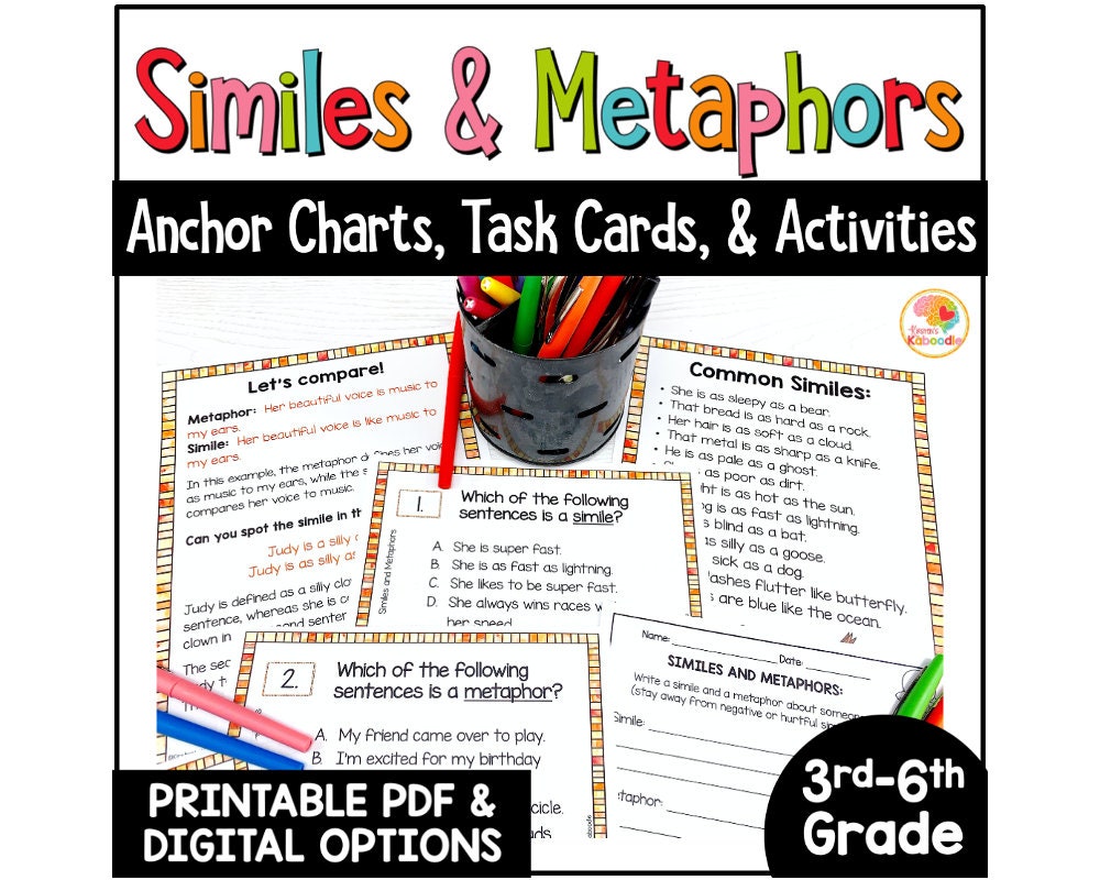 Similes and Metaphors: Posters, Task Cards, and Worksheets - Etsy